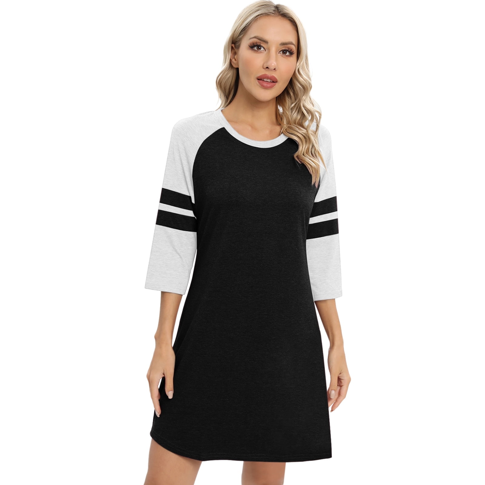 Nightgown for Womens 3/4 Raglan Sleeve Nightshirt Crew Neck Color Block ...