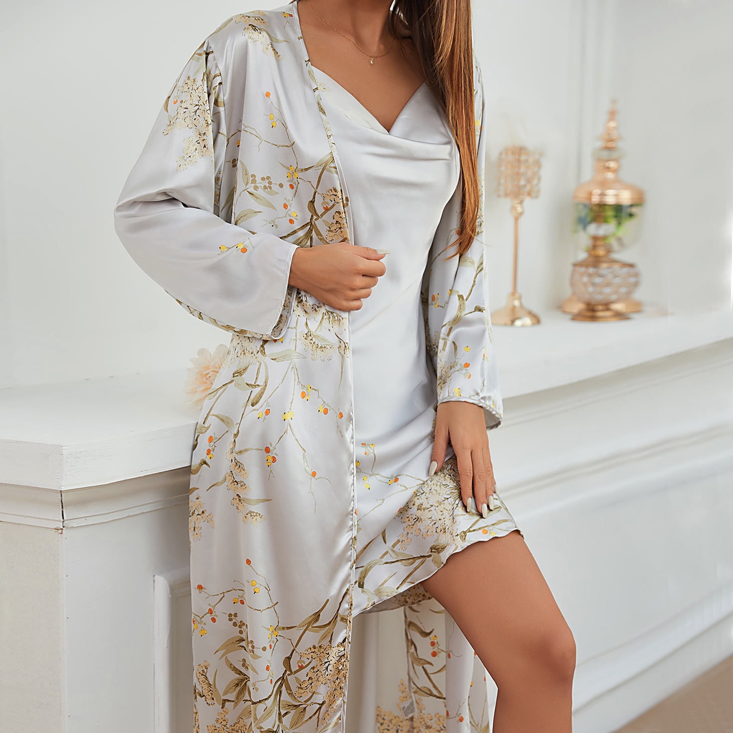 Nightgown and Robe Set for Women Floral Nightshirt Soft Kimono Robe ...