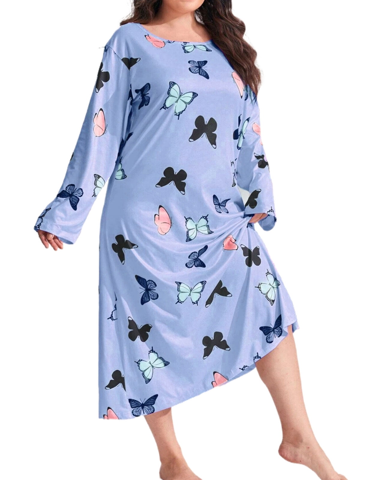 Nightgown for Women Plus Size Butterfly Long Maxi Loungewear Scoop Neck ...