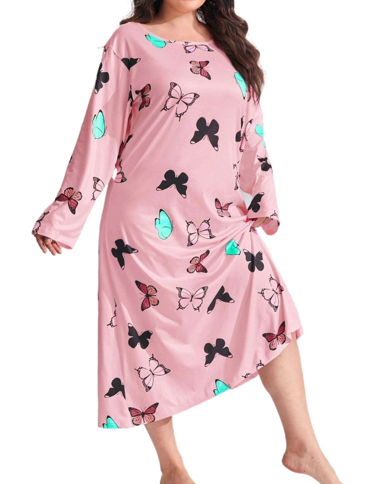 Nightgown for Women Plus Size Butterfly Long Maxi Loungewear Scoop Neck ...