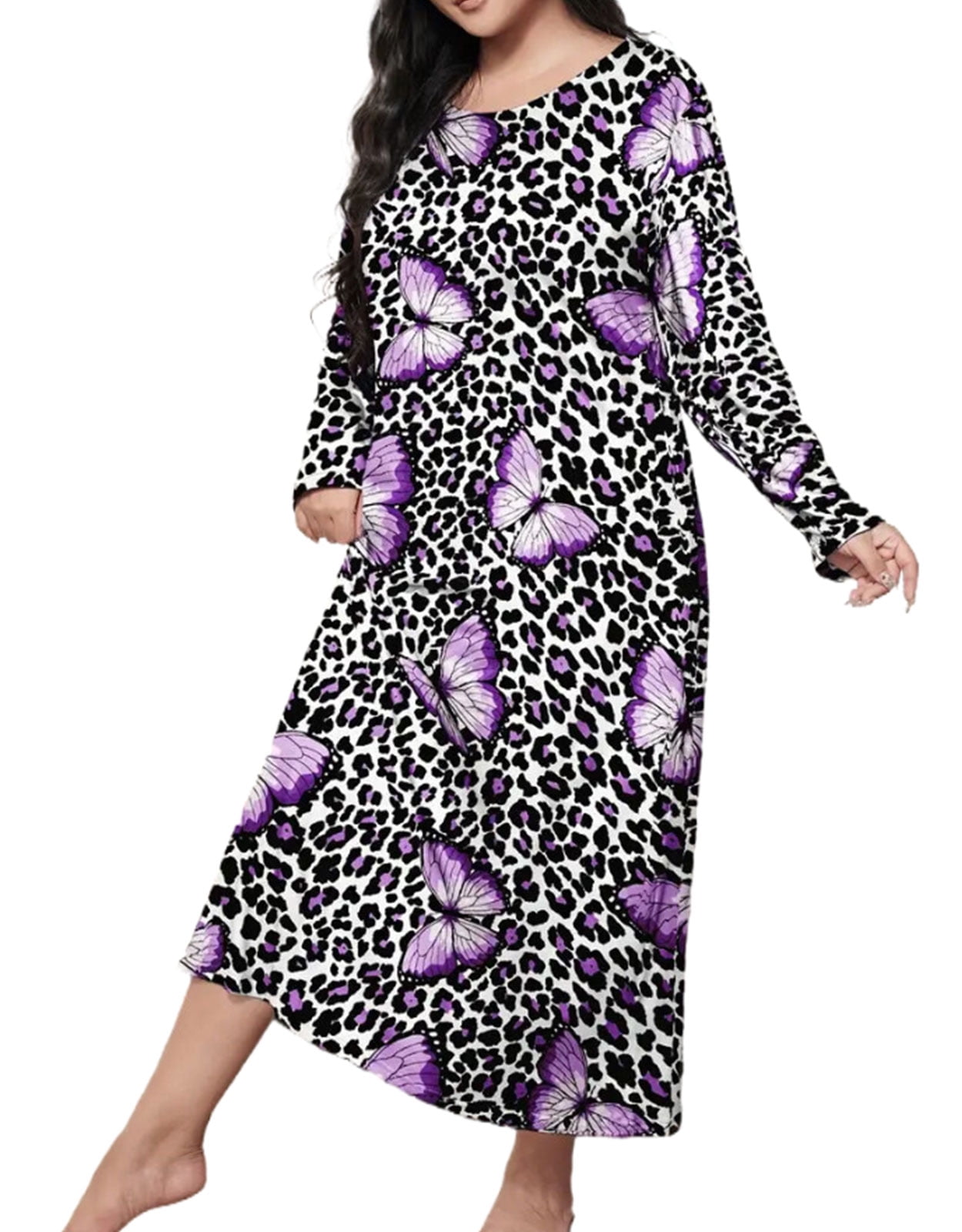 Nightgown for Women Plus Size Leopard Long Maxi Loungewear Scoop Neck ...