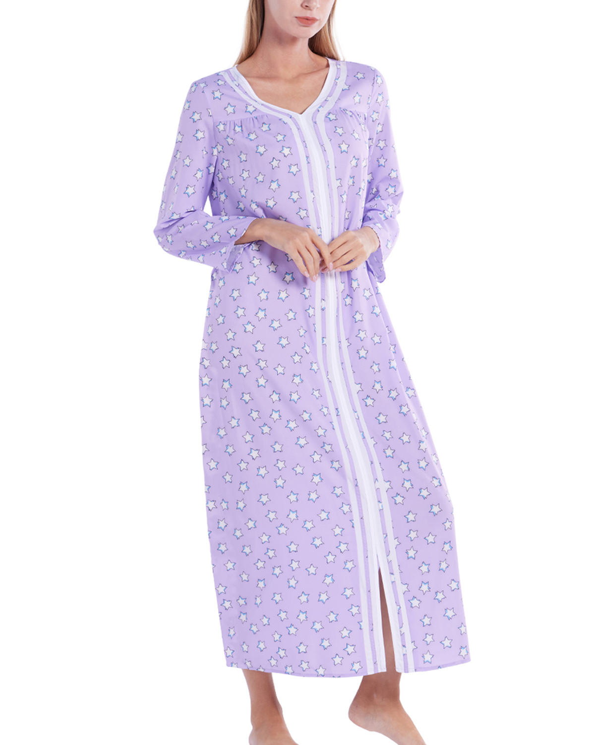 Nightgowns for Women V Neck Sleepwear Loungewear,Floral Print Comfy House Dresses Long Sleeve ...
