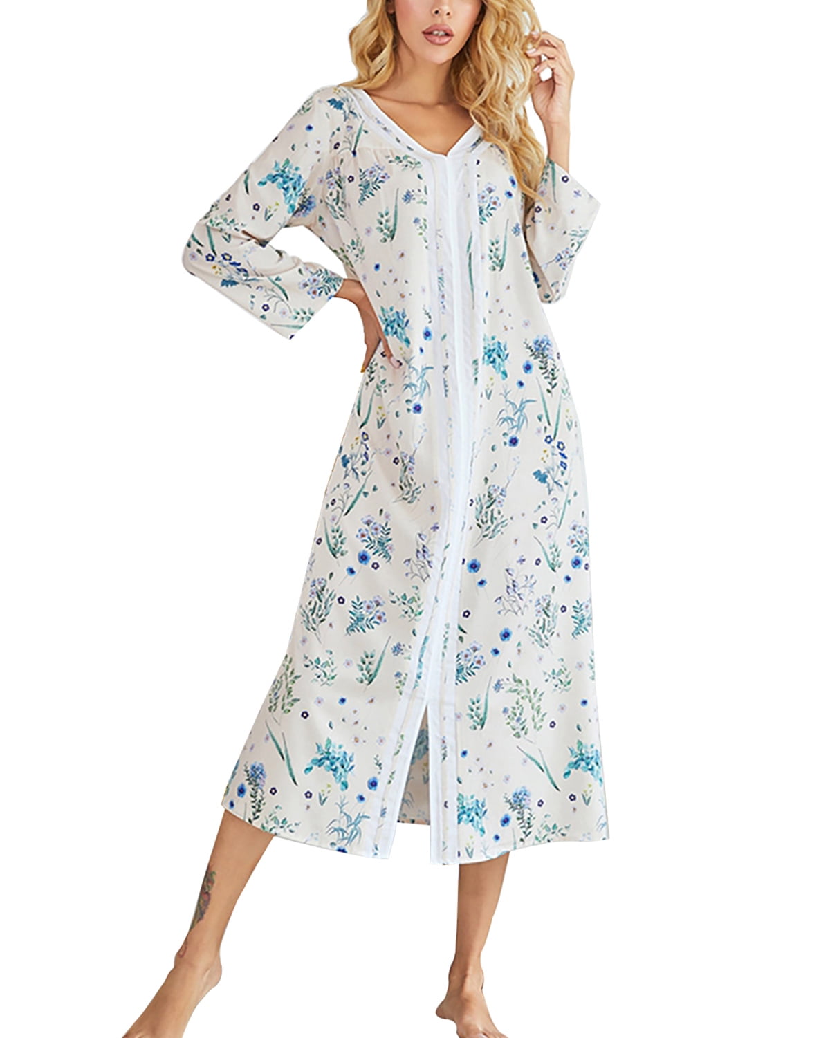 Nightgowns for Women V Neck Sleepwear Loungewear,Floral Print Comfy House Dresses Long Sleeve ...