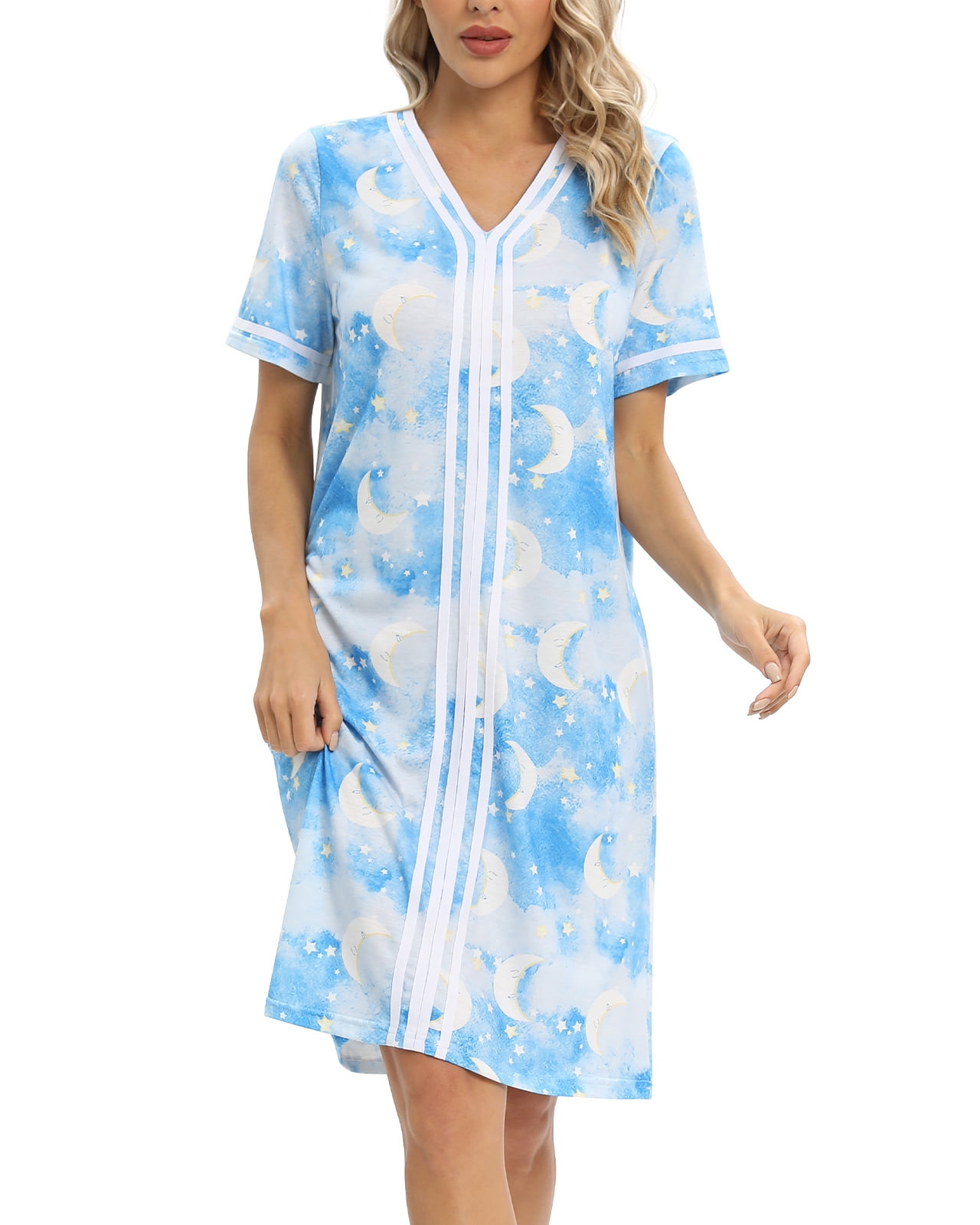 Nightgowns for Women V Neck Sleepwear Loungewear,Floral Print Comfy House Dresses Short Sleeve ...