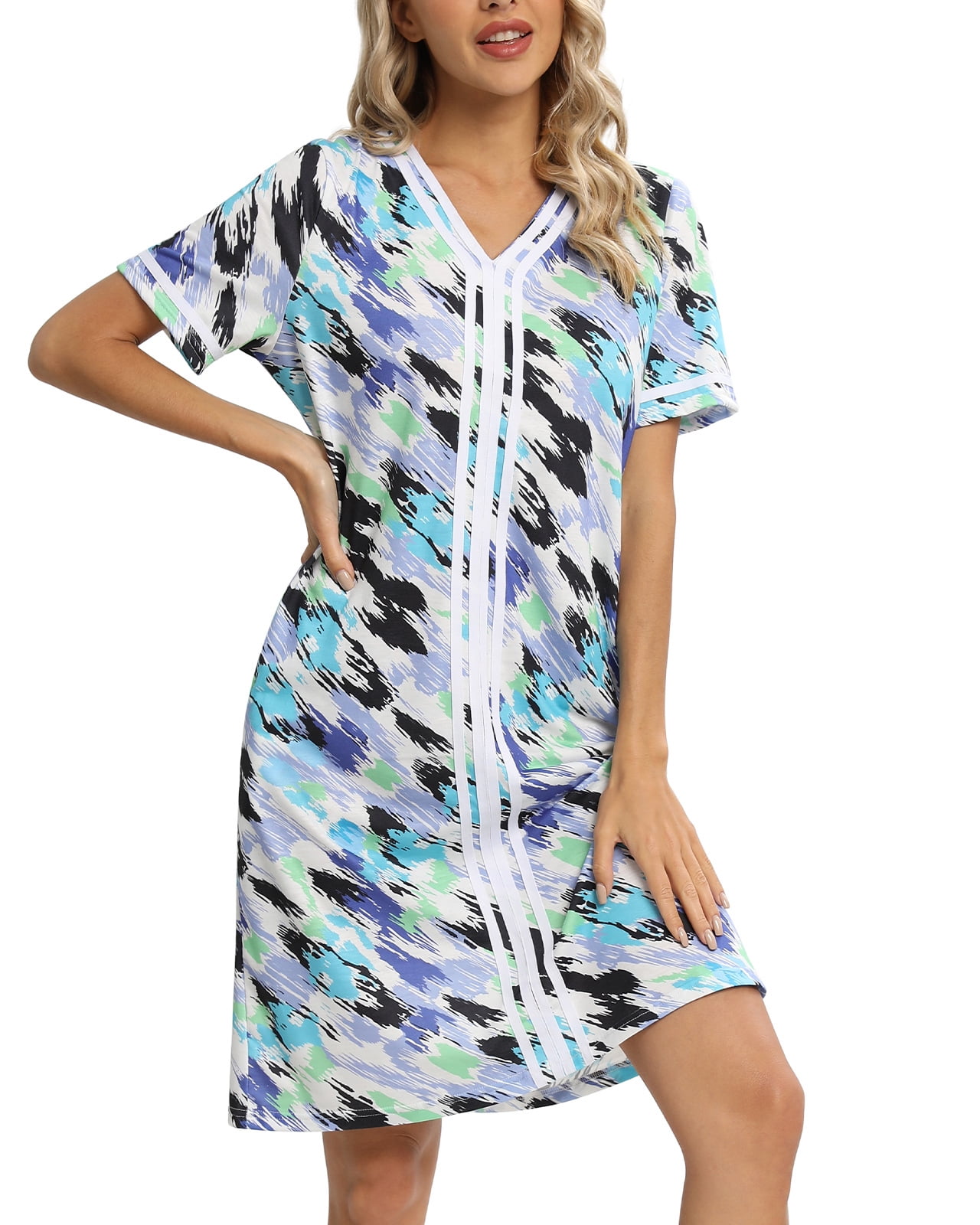 Nightgowns for Women V Neck Sleepwear Loungewear,Floral Print Comfy House Dresses Short Sleeve ...