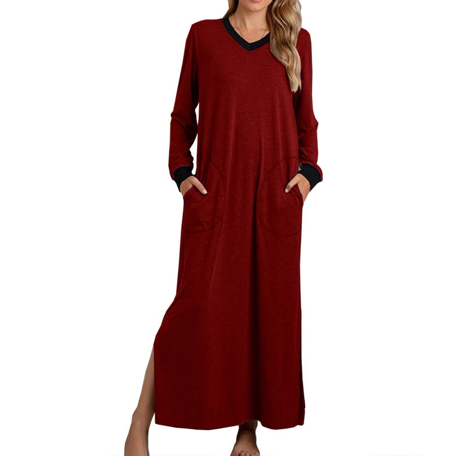Nightgowns For Women V Neck Soft Cotton Blend Long Sleeve Side Split Full Length Sleepwear