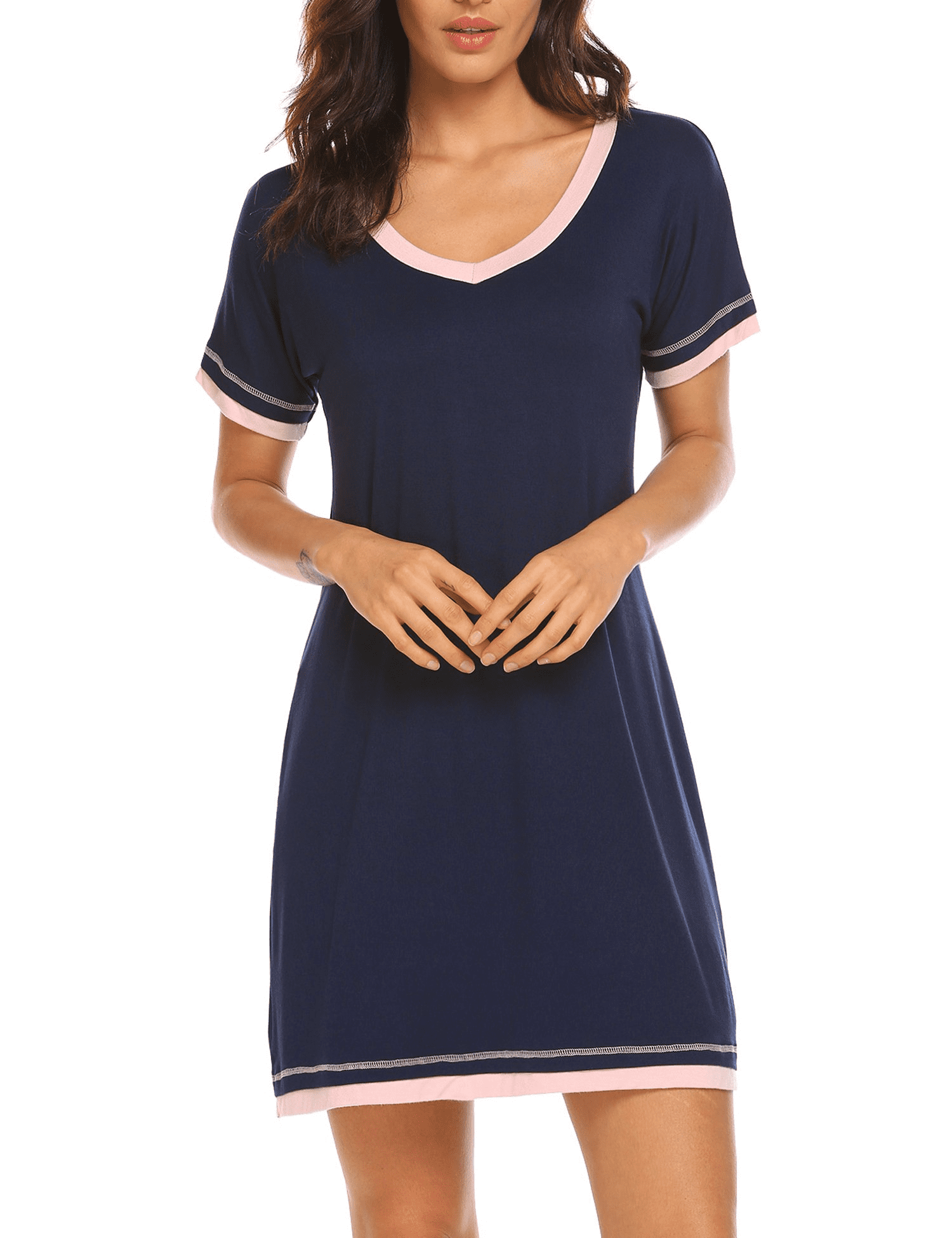 Nightgowns for Womens Short Sleeve Sleepwear Cotton V Neck Nightshirt ...