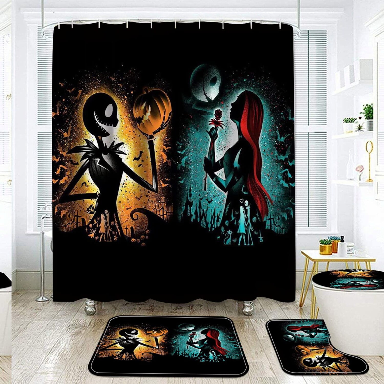 Nightmare Skull Shower Set: 4-Piece Bathroom Decor with Curtain, Bath ...