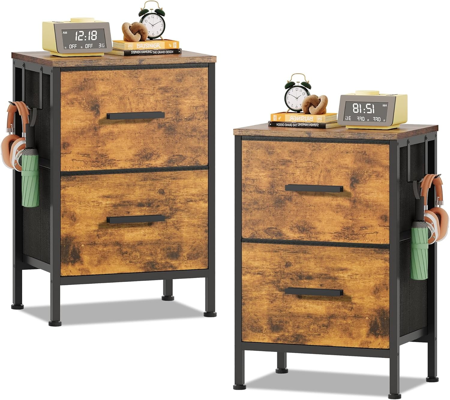 Nightstand 2 Drawer Dresser, Set of 2 Vertical Side Table with Fabric ...