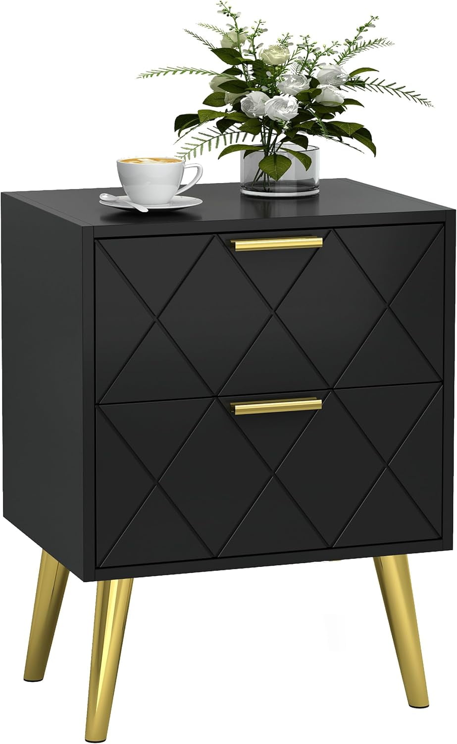Nightstand with 2 Drawers Black Bedside Table, Side Table with Gold ...
