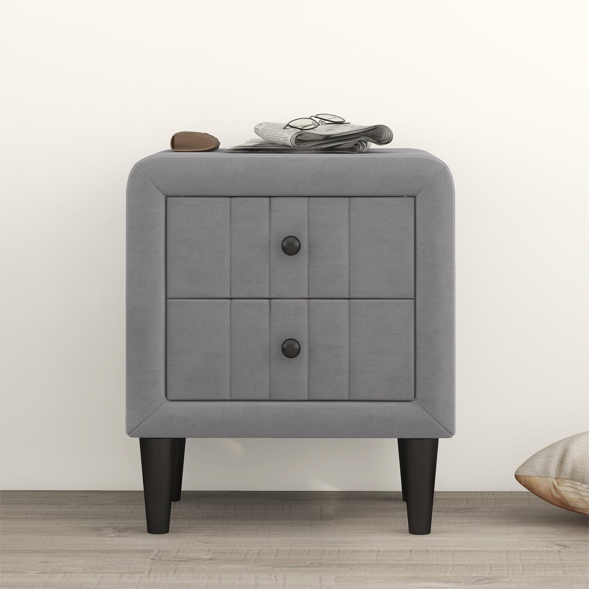 Nightstand with 2 Drawers and Handle, Elegant Velvet Upholstered Bedside Table with Wood Legs ...