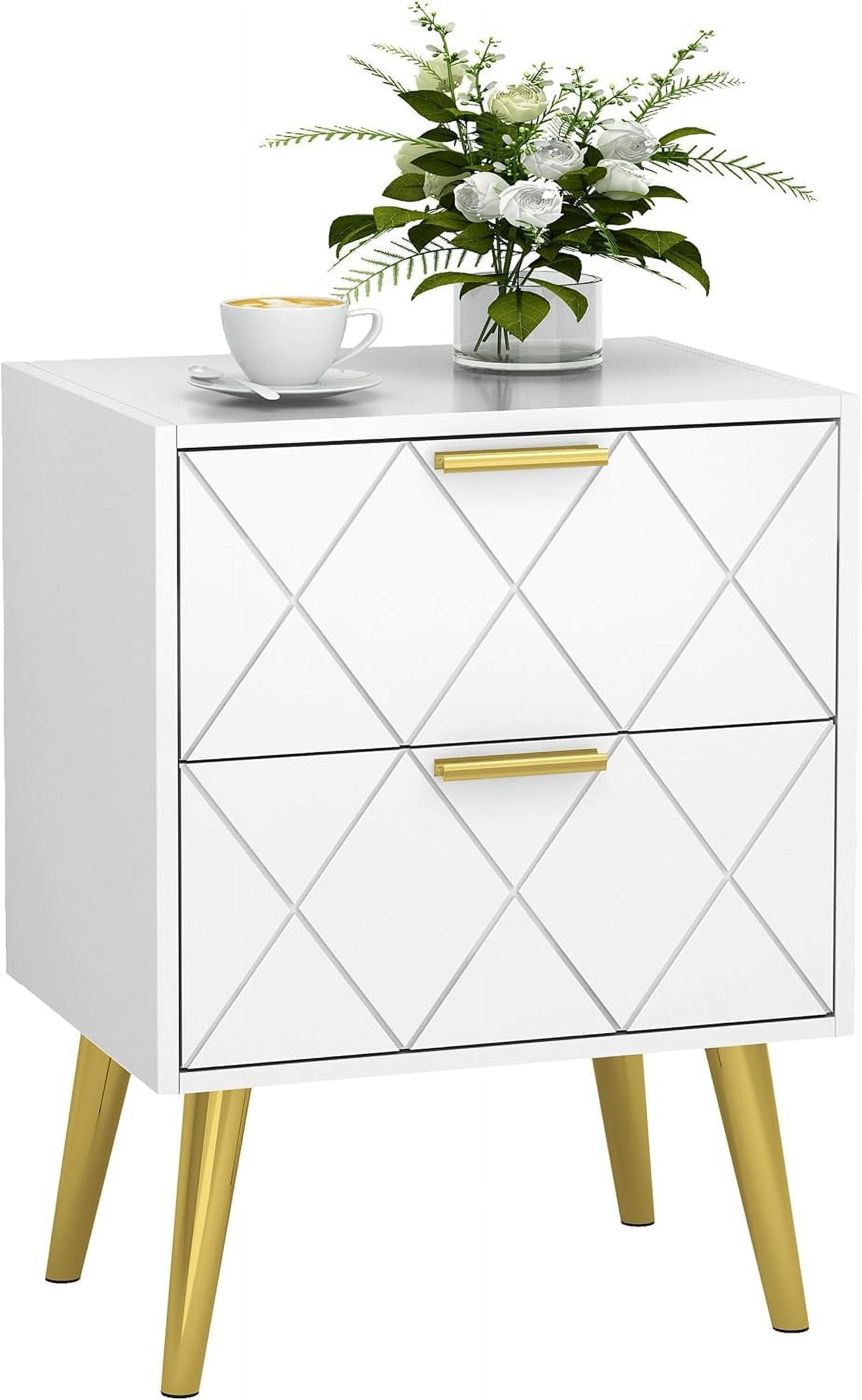 Nightstand with 2 Drawers White Bedside Table, Side Table with Gold ...