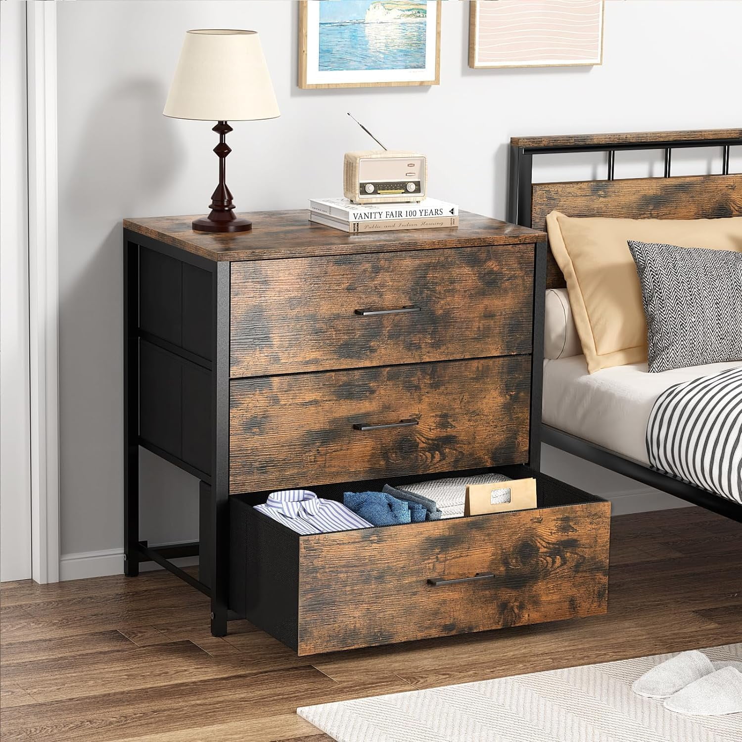 Nightstand with 3 Drawers for Bedroom, Storage Dresser with Fabric ...