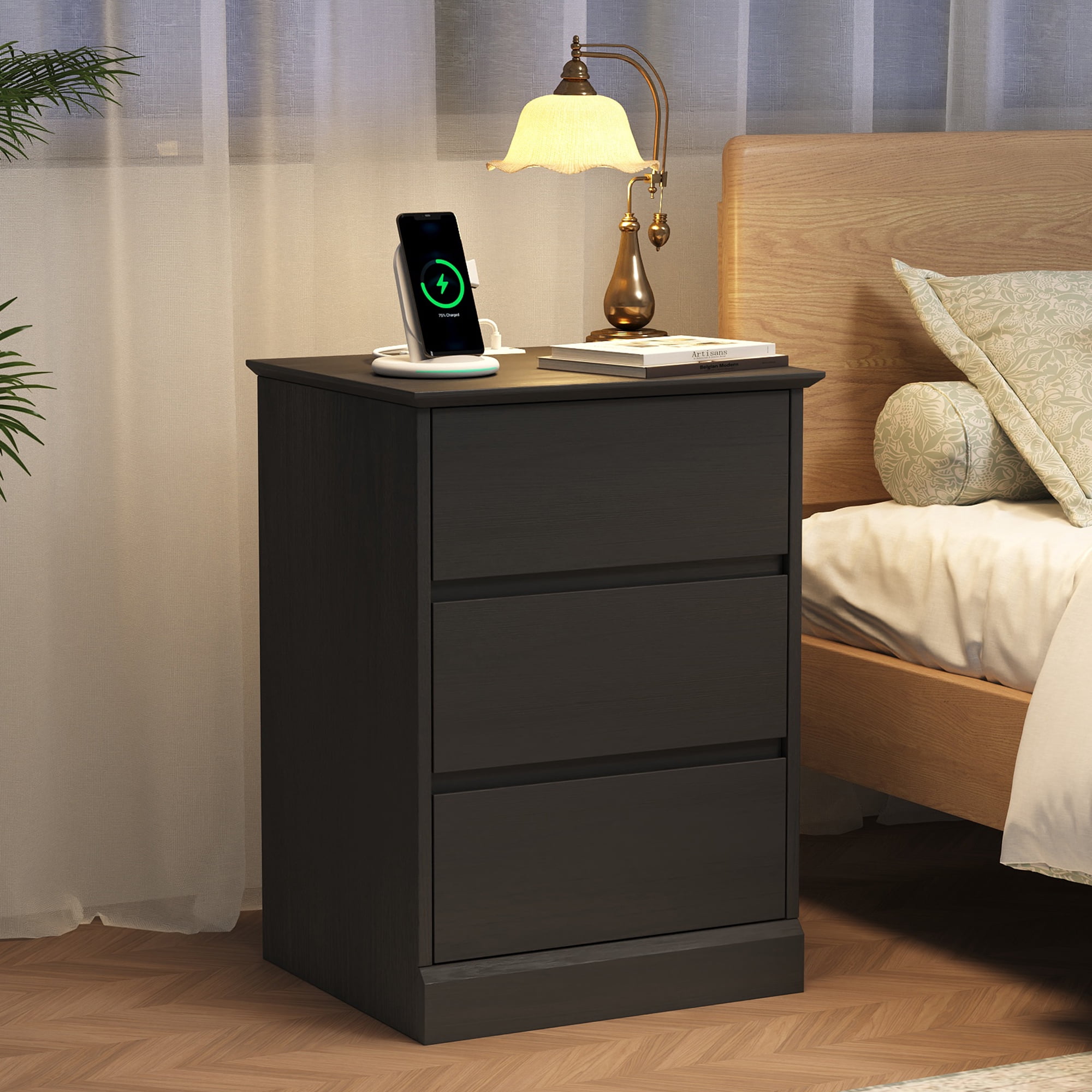 Nightstand with 3 Drawers, Black Bedside Table Night Stand for Bedroom ...