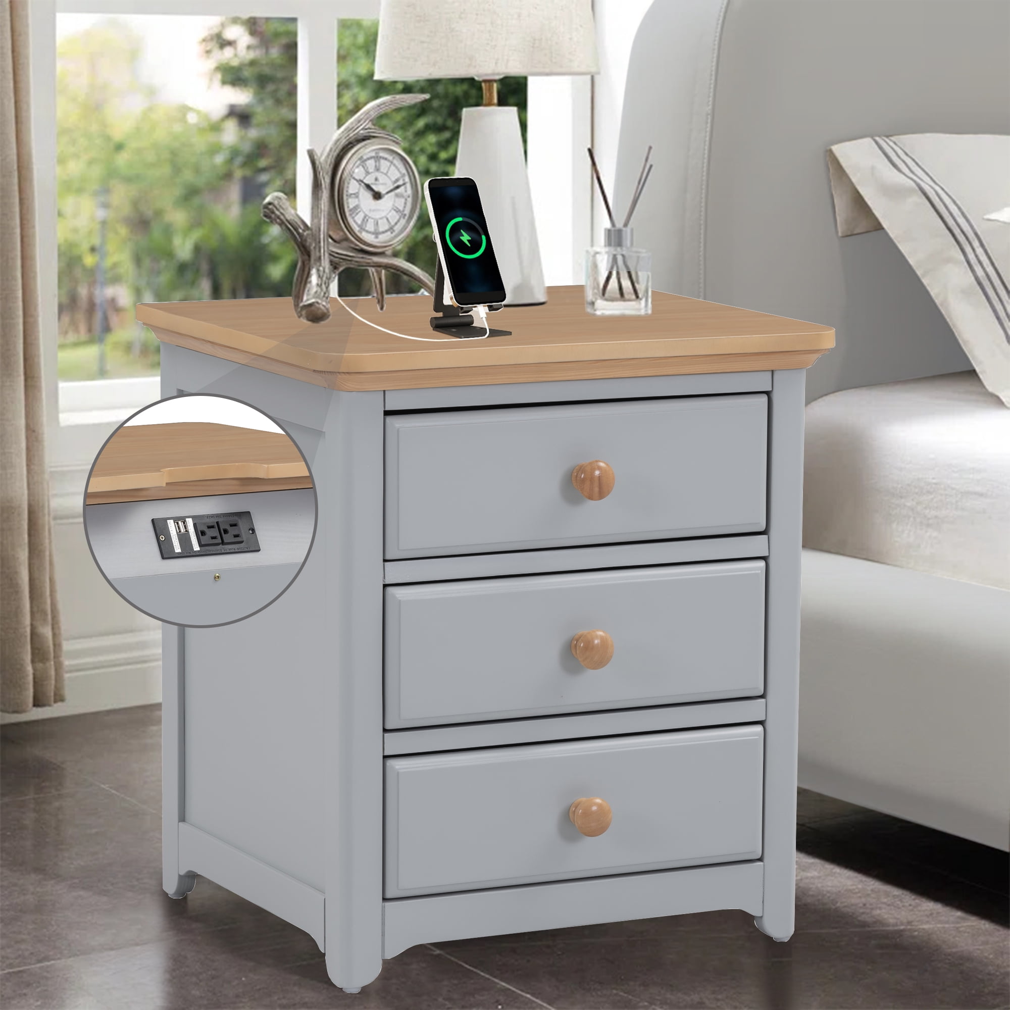 KOSBON Nightstand with 3 Drawers, Wood Storage Cabinet, USB Charging ...