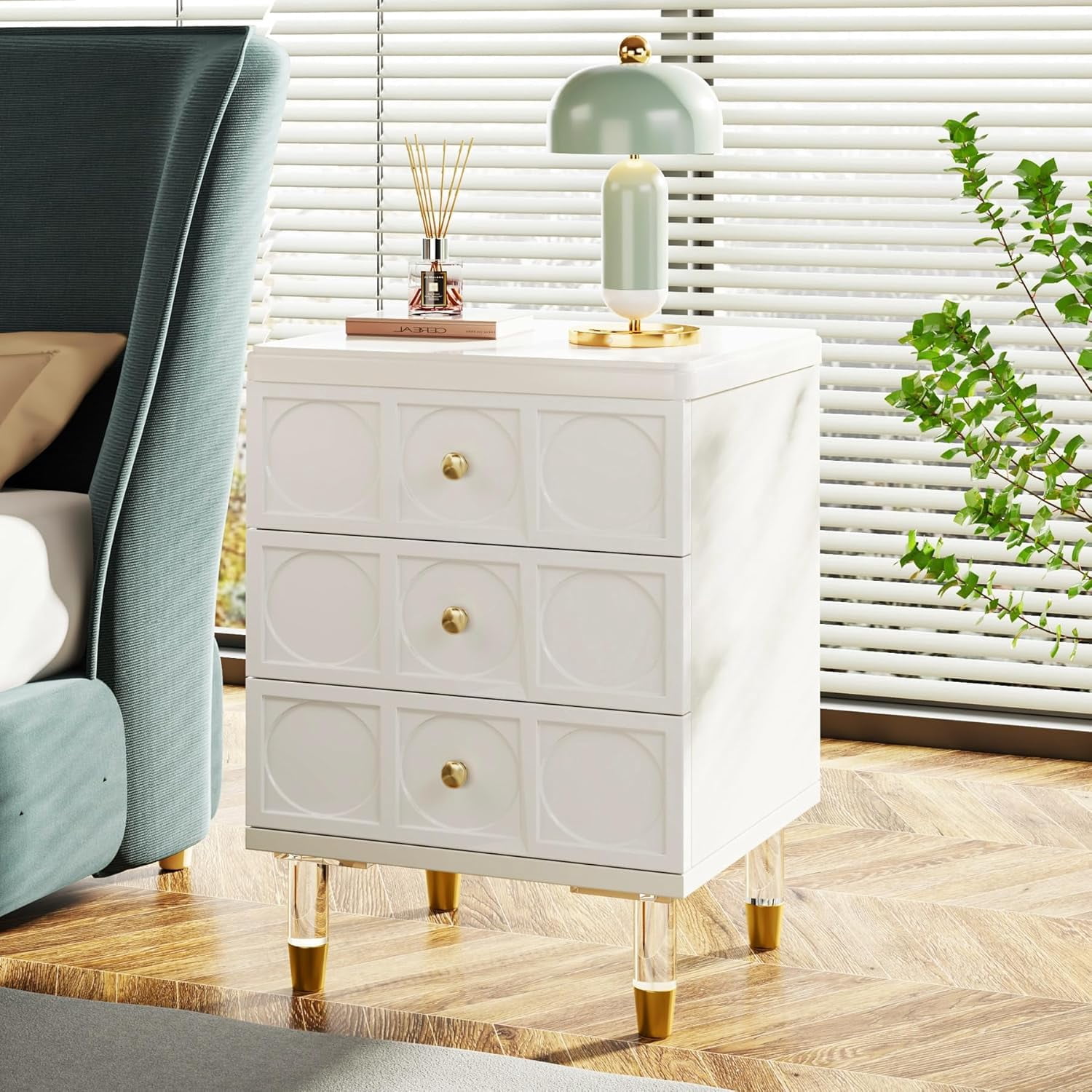 Nightstand with 3 Drawers, White and Gold Nightstands Bedside Table ...