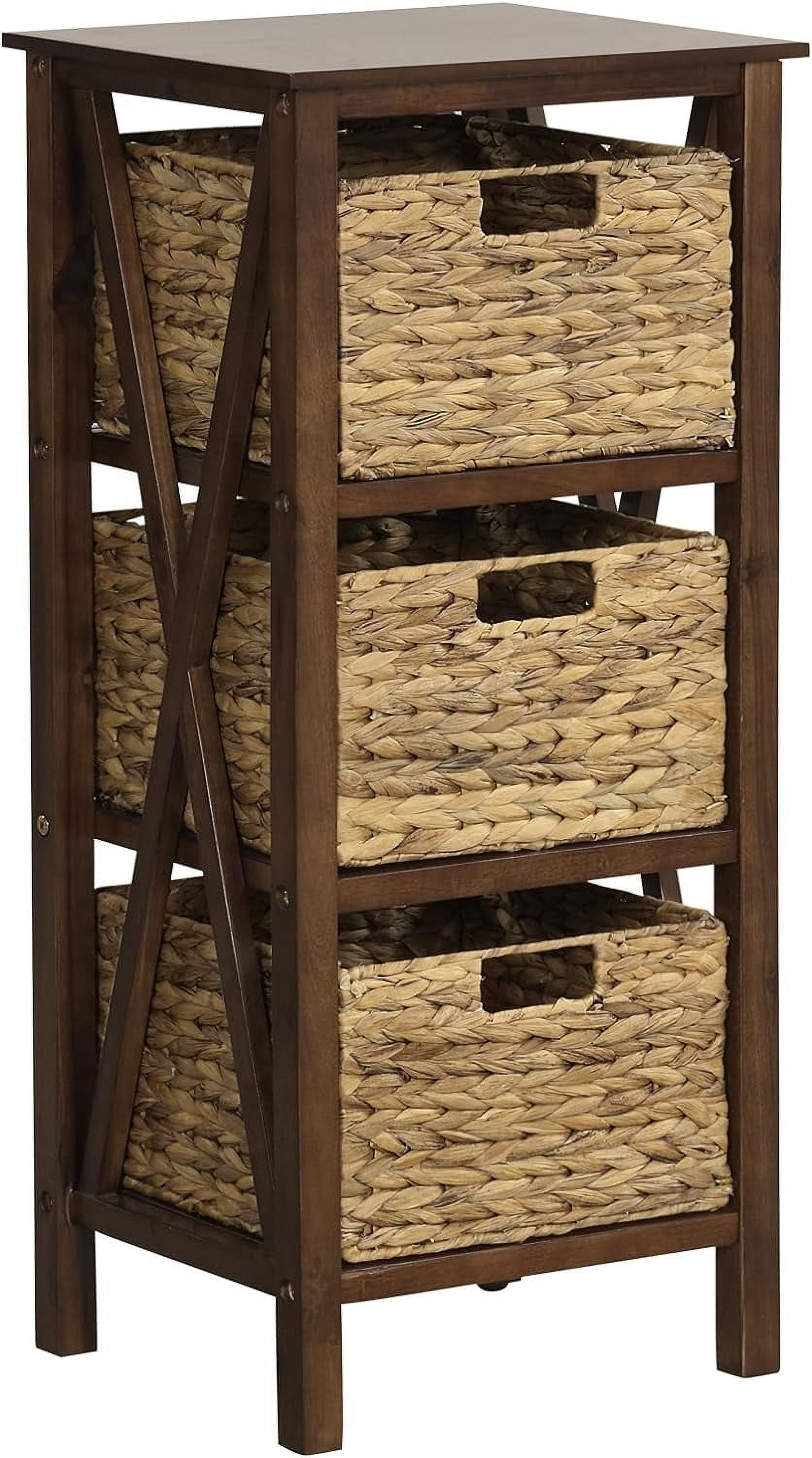Nightstand with 3 Wicker Storage Baskets Sofa Side with Rubber Wood X ...