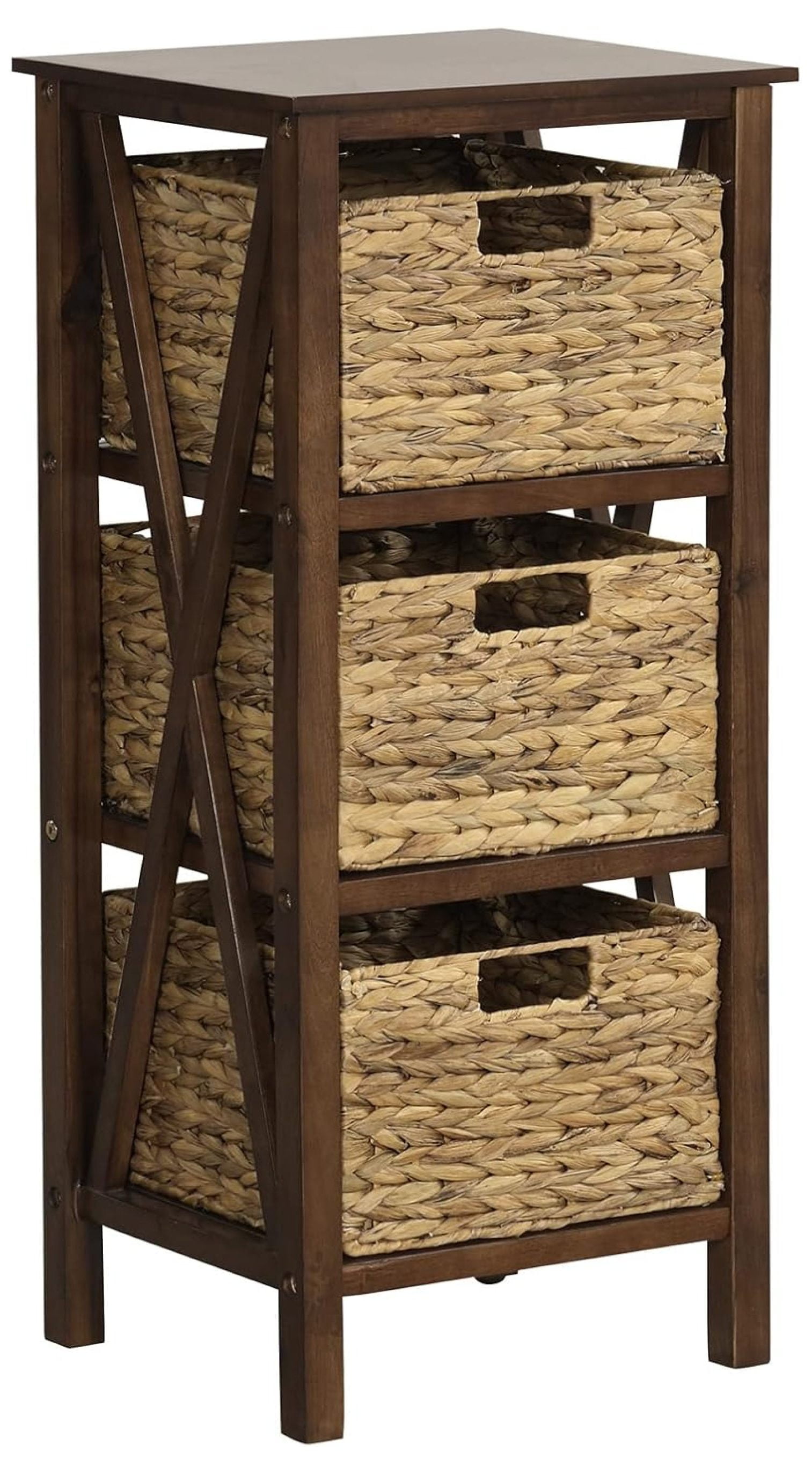 Nightstand with 3 Wicker Storage Baskets, Sofa Side Table with Rubber ...