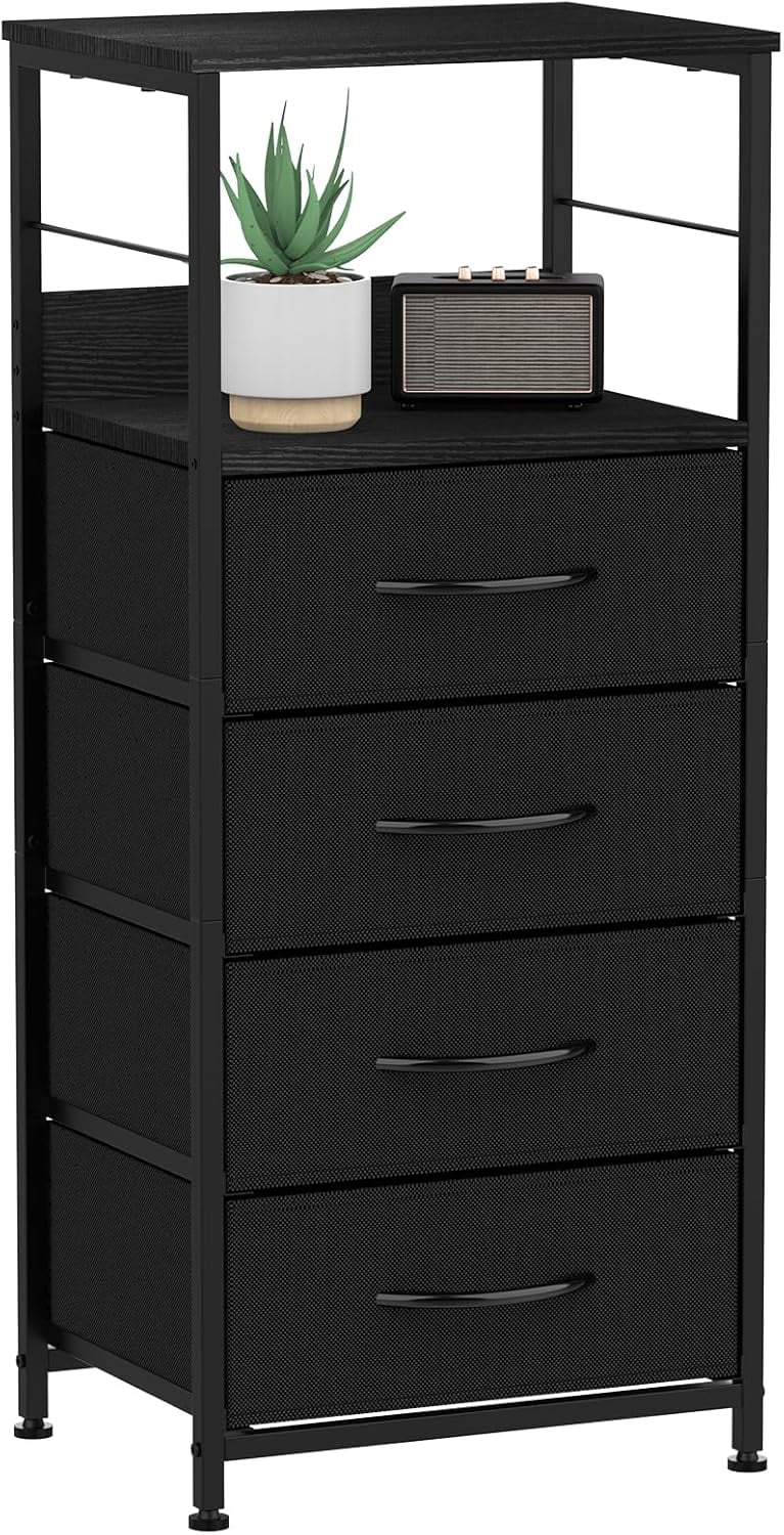 Nightstand with 4 Drawers, Tall Night Stand Black Bedside Table for ...