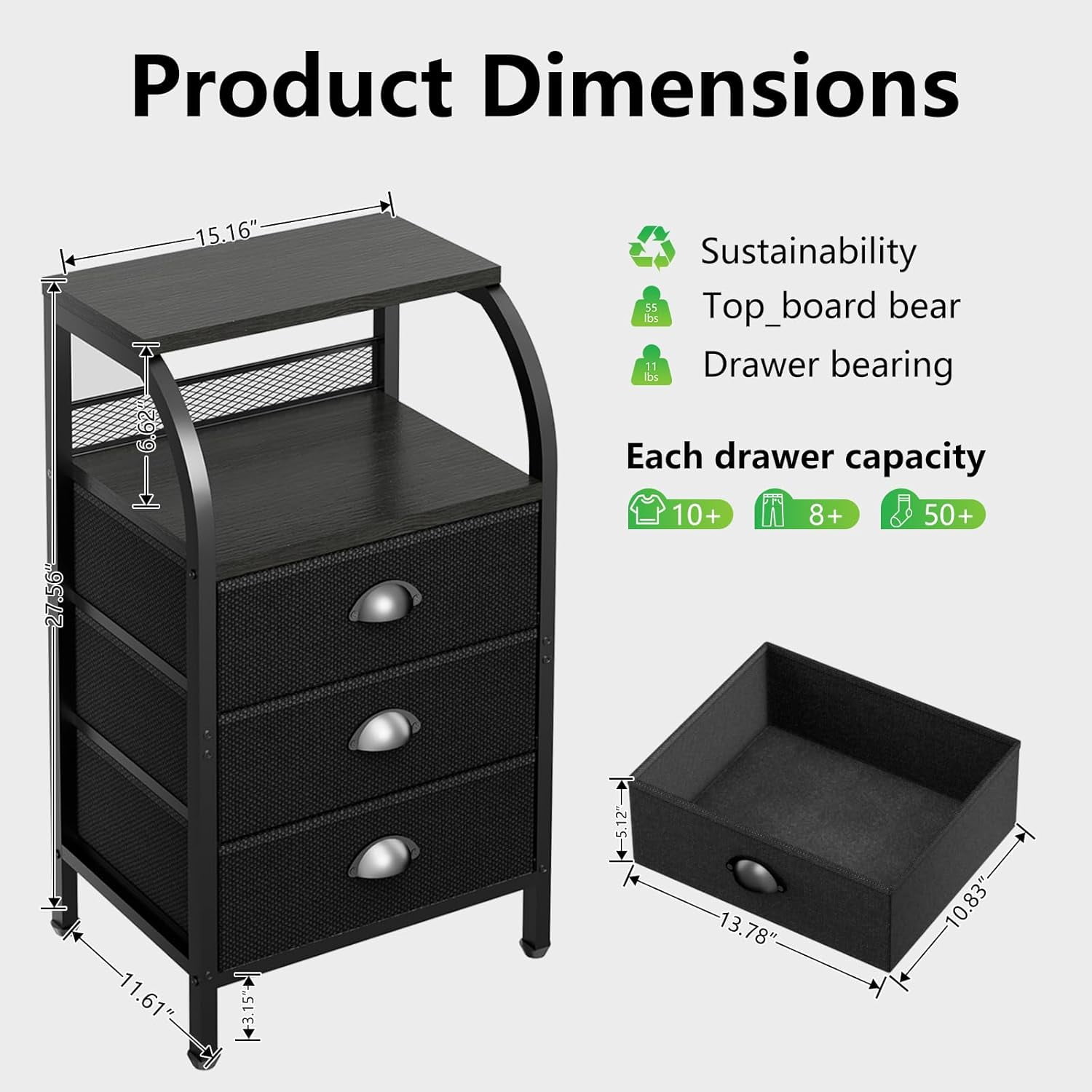 Nightstand Bed Side Table Drawer Organizer Black Night Stand for ...
