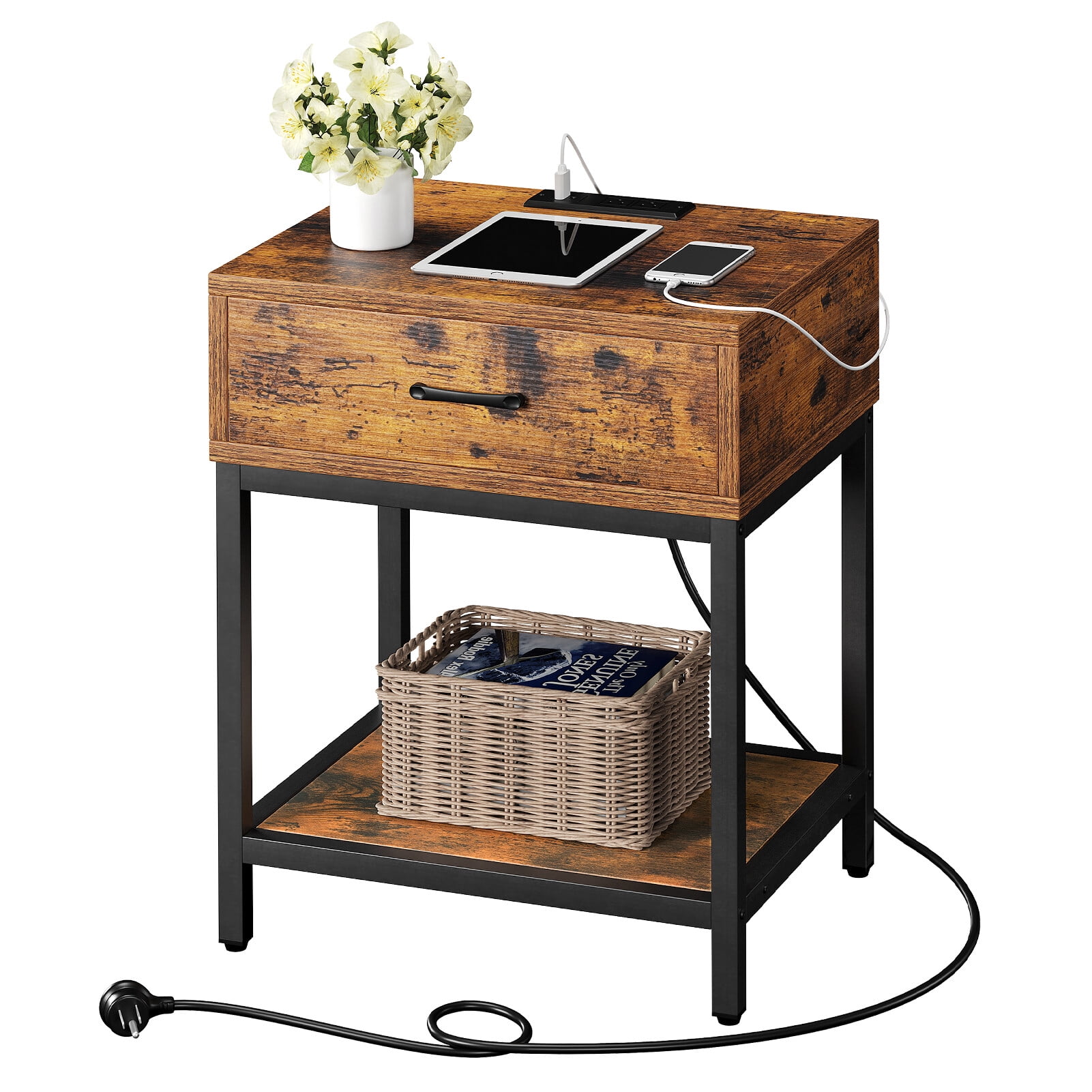 Nightstand-Bedside Table with Charging Station Type-C&USB Ports, Modern ...