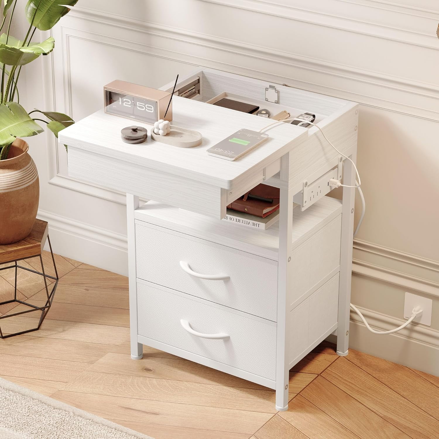 Nightstand Bedside Table Hidden Drawer - Night Stand with Charging ...