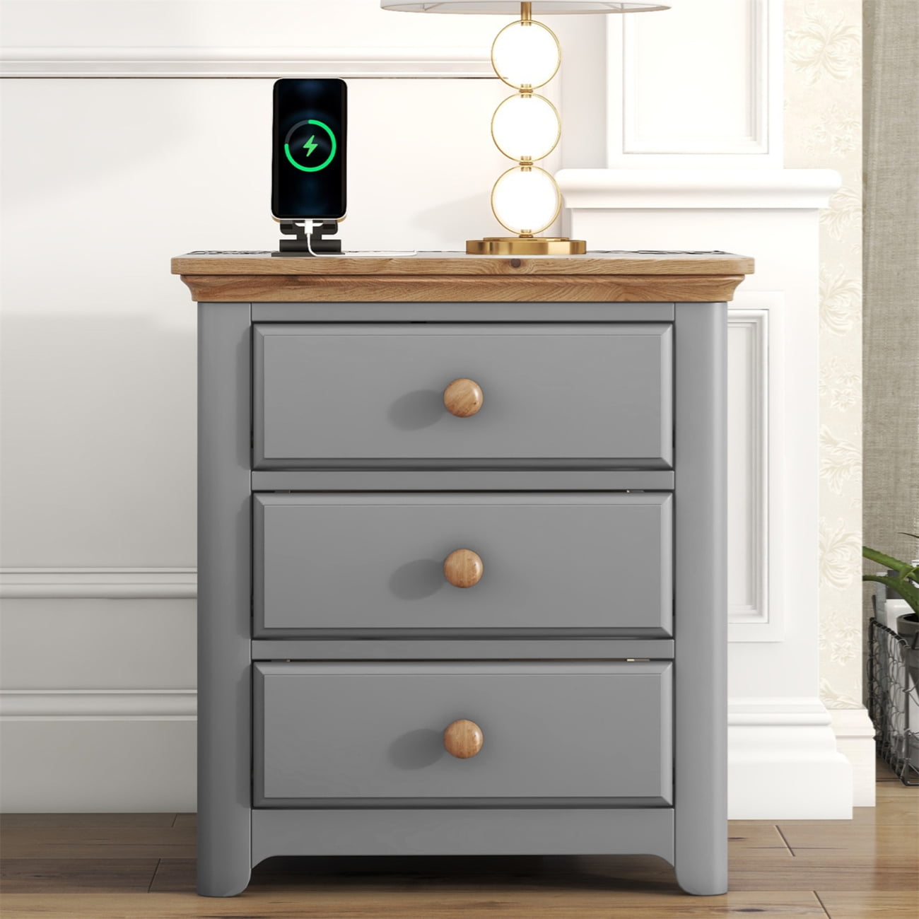 Nightstand, Bedside Table with USB Charging Ports and 3 Drawers, Modern ...