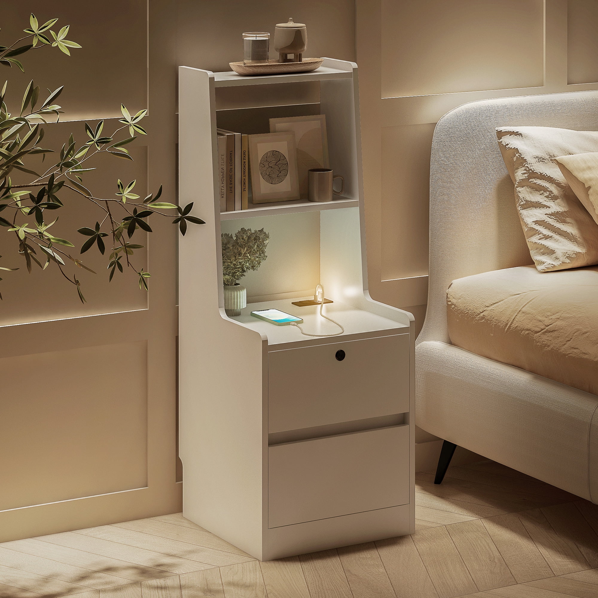 Nightstand Bedside Table with Charging Station,Night Light,Night Stand ...