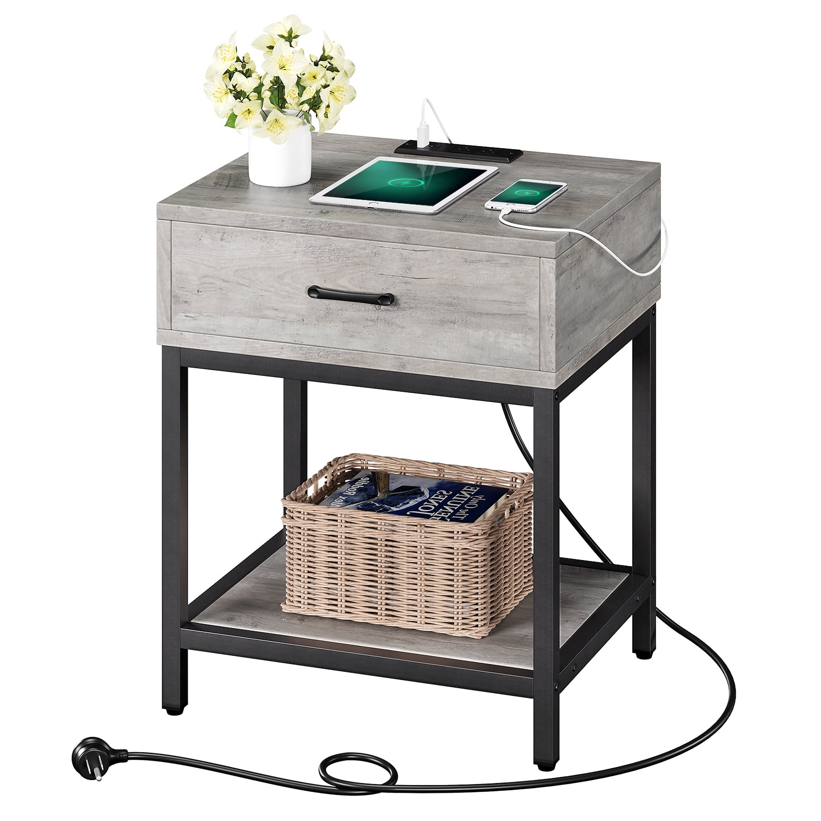 Nightstand-Bedside Table with Charging Station Type-C&USB Ports, Modern ...