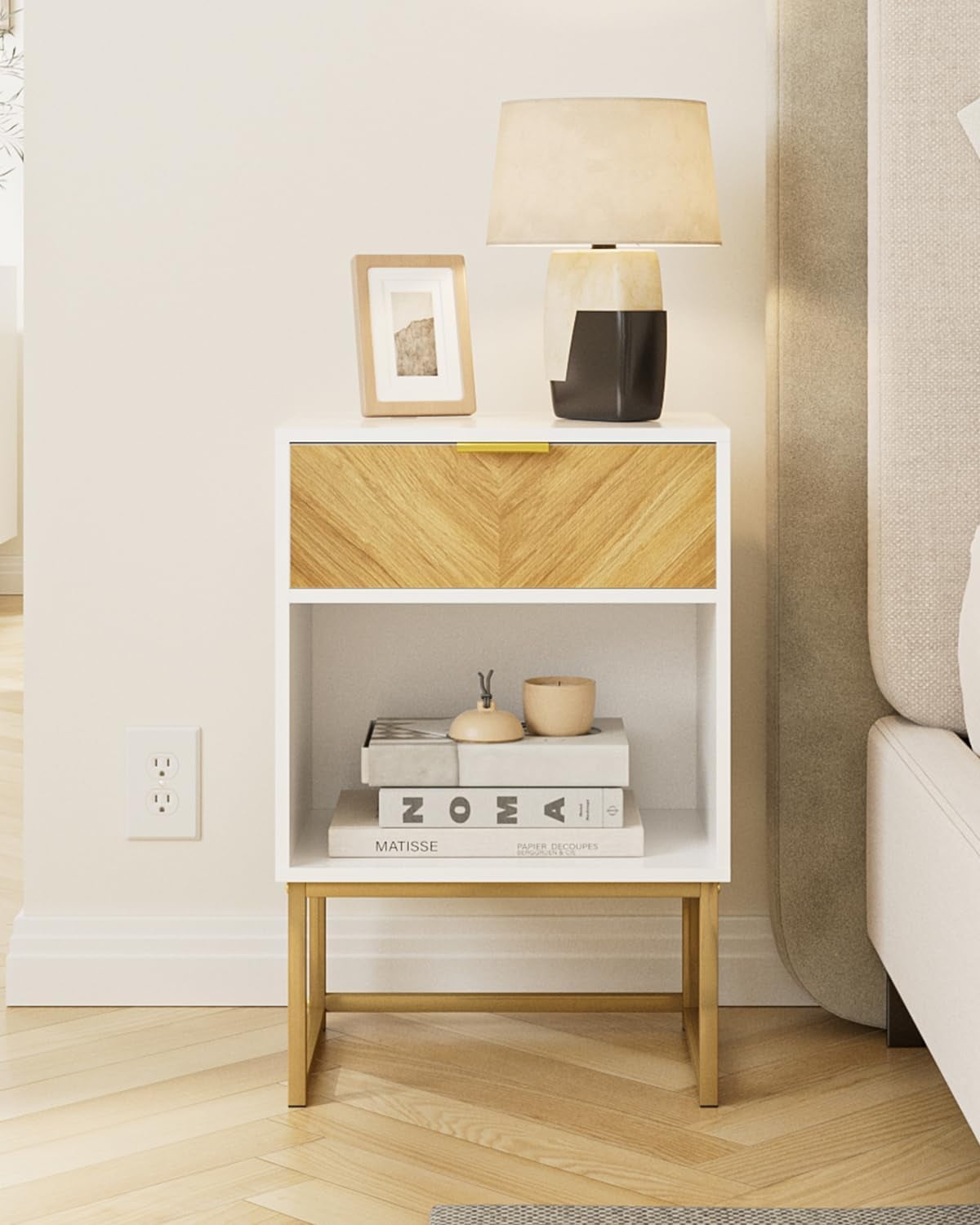 Nightstand, Boho Night Stand with Drawer Wood Farmhouse Bedside Table ...