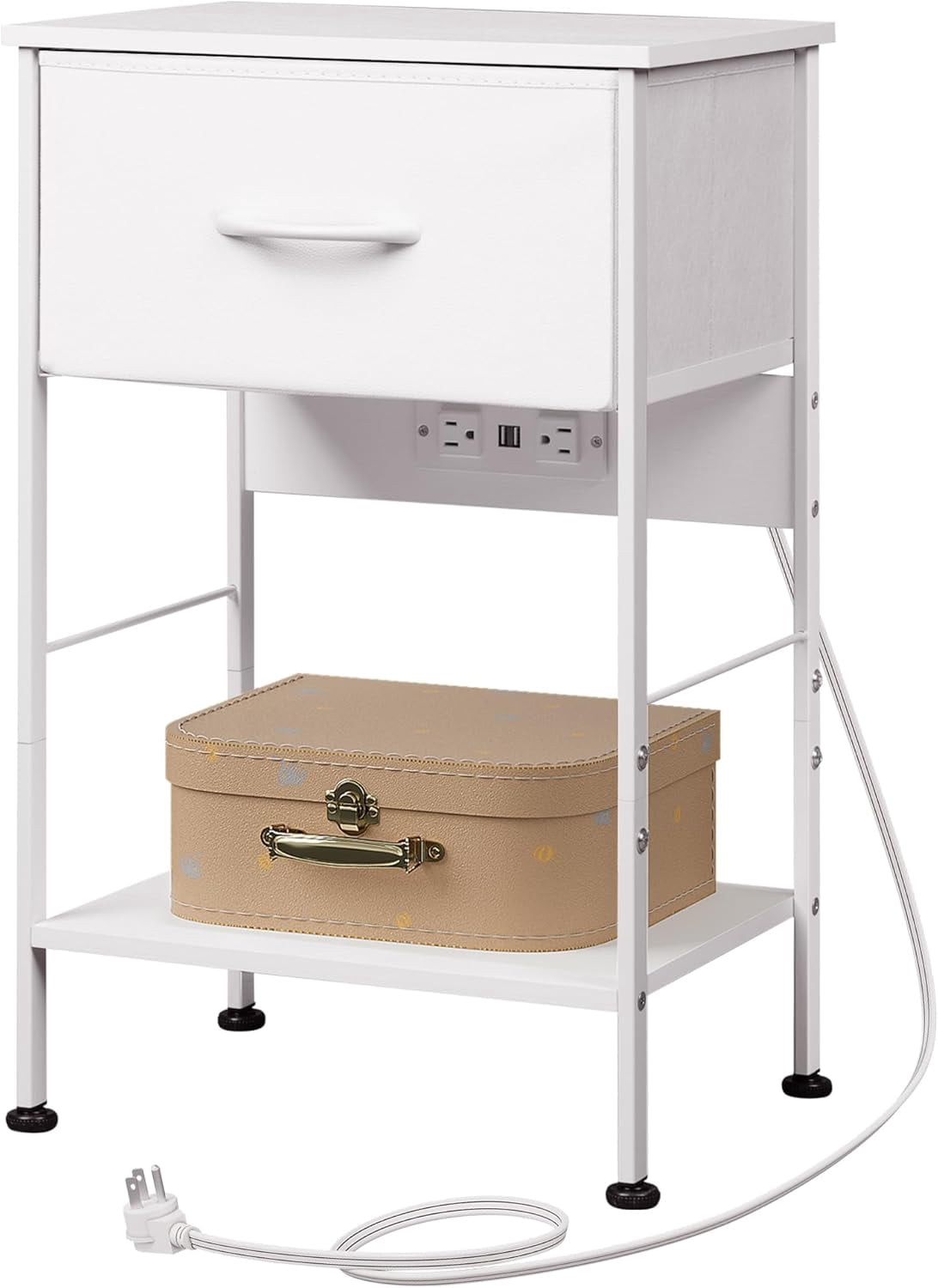 Nightstand with Charging Station, 25" H Nightstand with 1 Fabric Drawer ...
