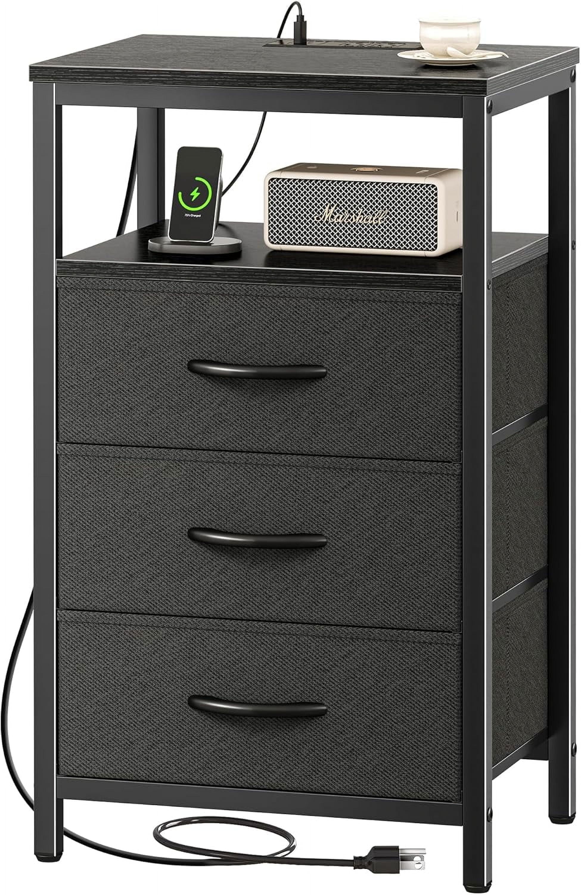 Nightstand with Charging Station, 27.6 Inch Side Table with Fabric ...