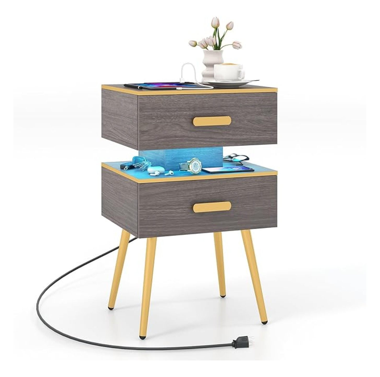 Nightstand with Charging Station & , 28.5" Bedside Table with 2 Drawers ...
