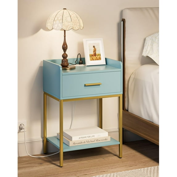 Nightstand with Charging Station 3-Tier Bedside Table for Small Space ...