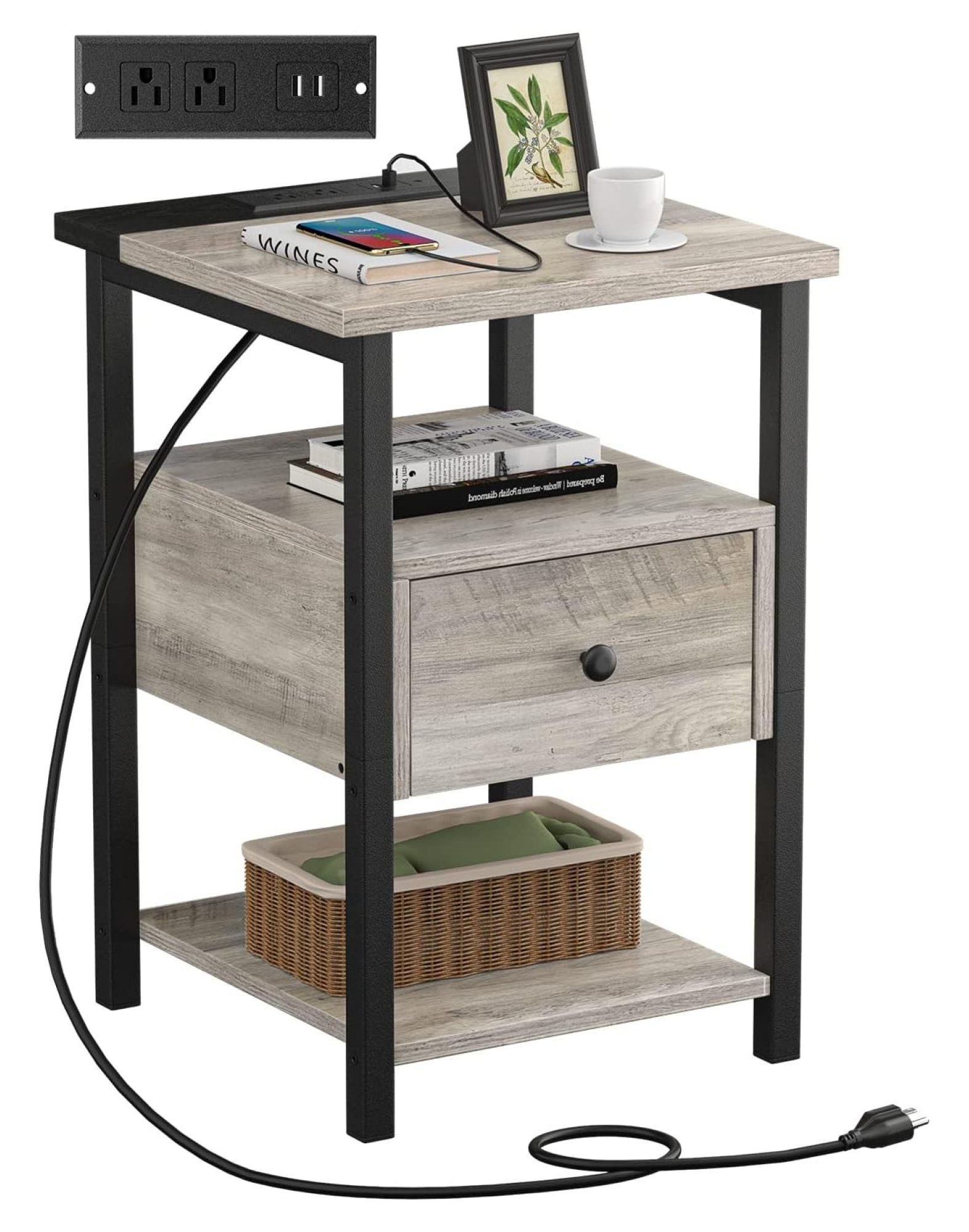 Nightstand with Charging Station, 3-Tier Bedside Table with Wood Drawer ...