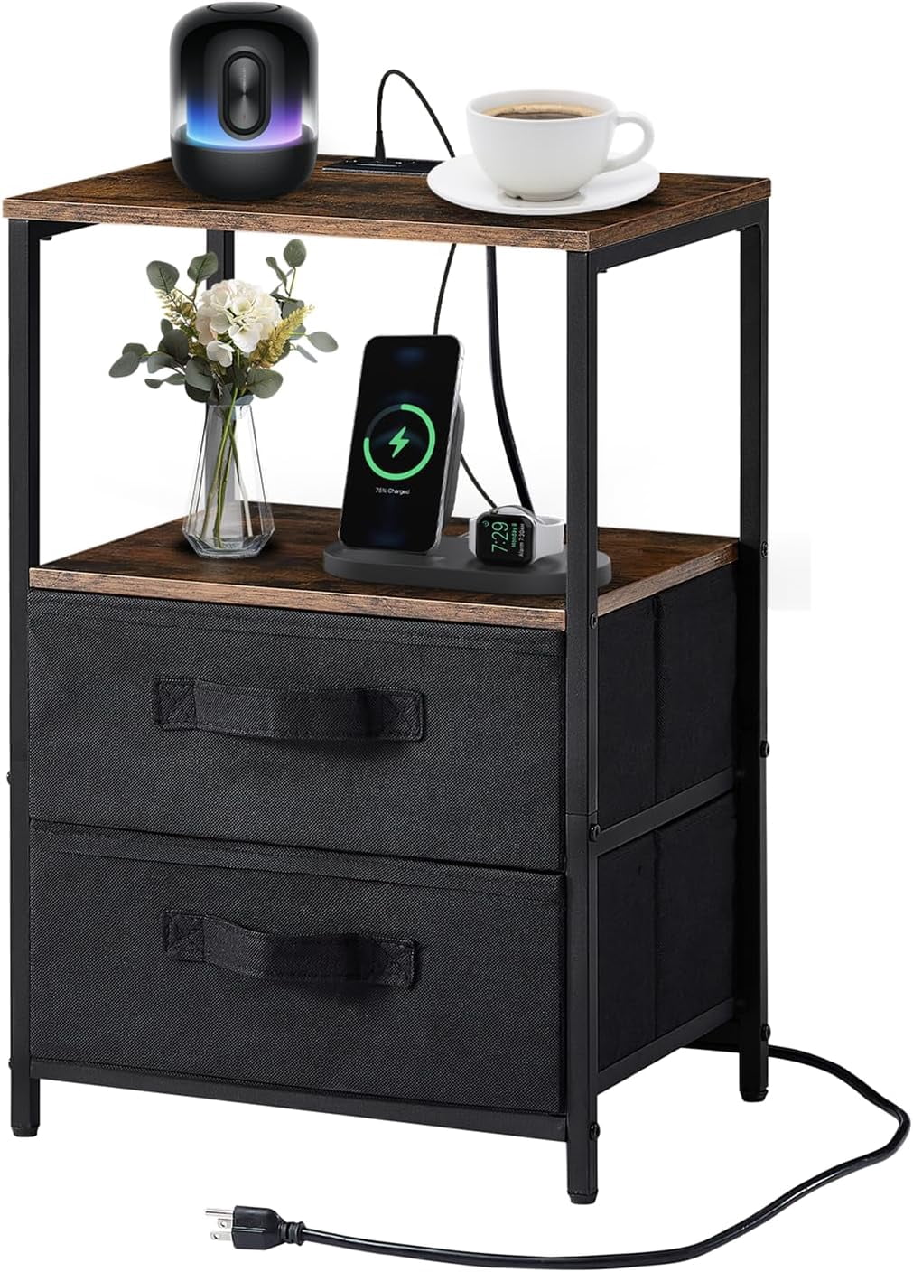 Nightstand with Charging Station, Bed side Table with Removable Fabric ...