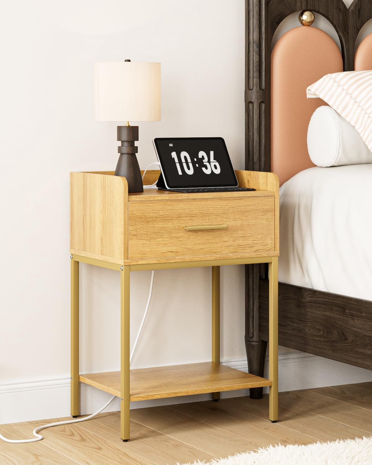 Nightstand with Charging Station,Bedside Table with Drawer and 2 Shelf ...