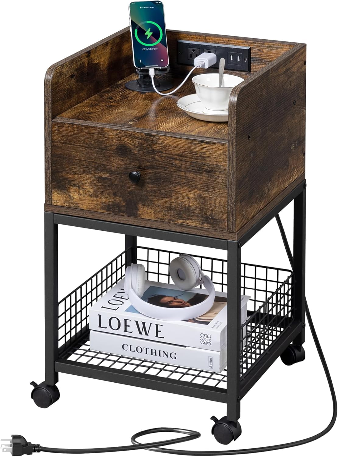 Nightstand with Charging Station, Bedside Table, End Tables Living Room ...