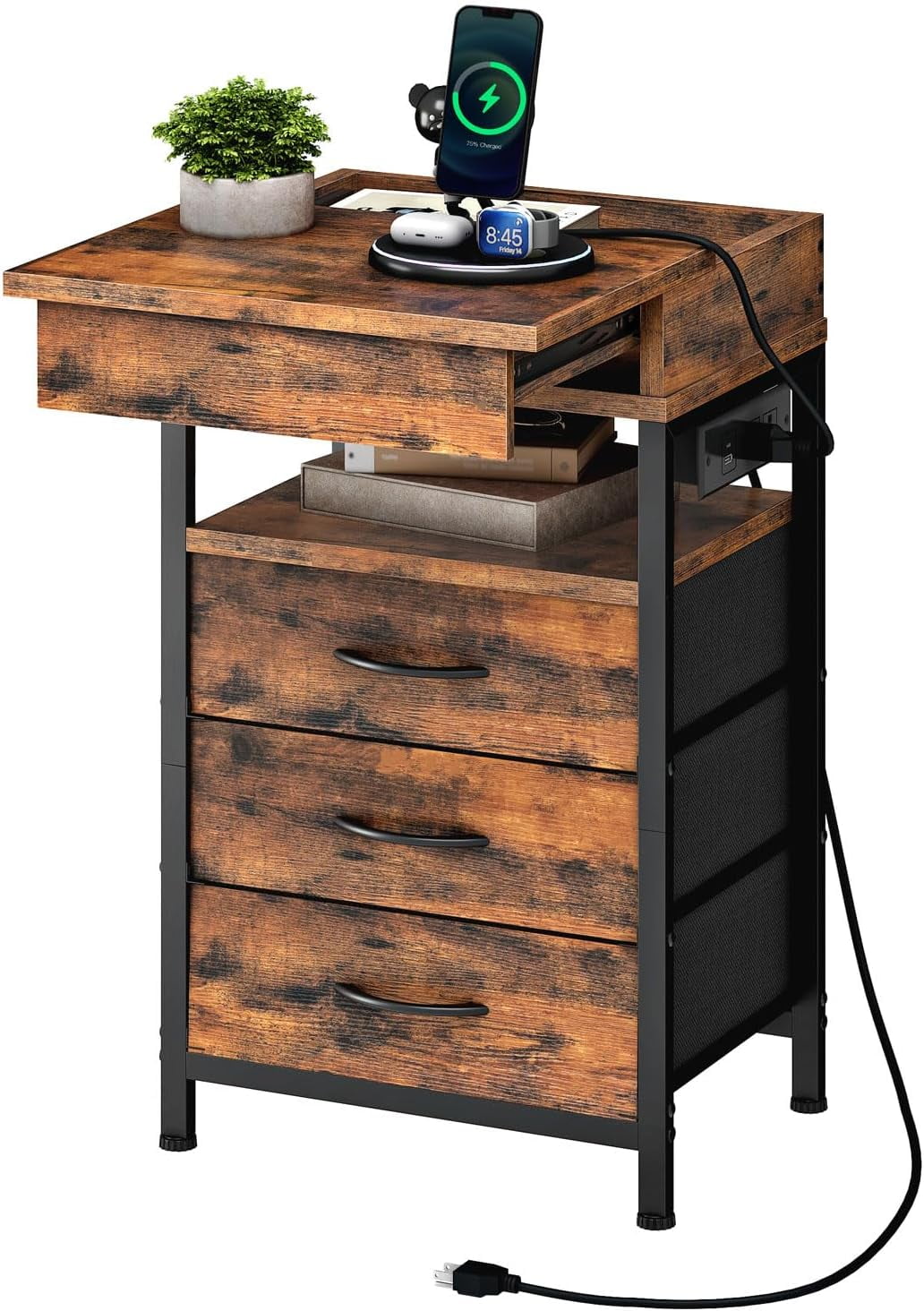 Nightstand with Charging Station, Bedside Table with Fabric Drawers ...