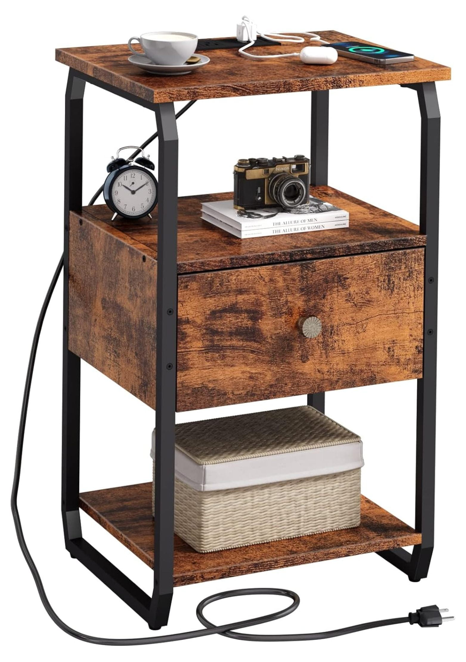 Nightstand with Charging Station, Bedside Tables with USB Ports and ...