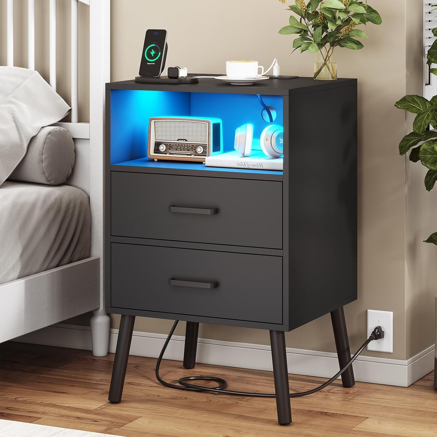 Nightstand with Charging Station, Black Night Stand with LED Lights ...