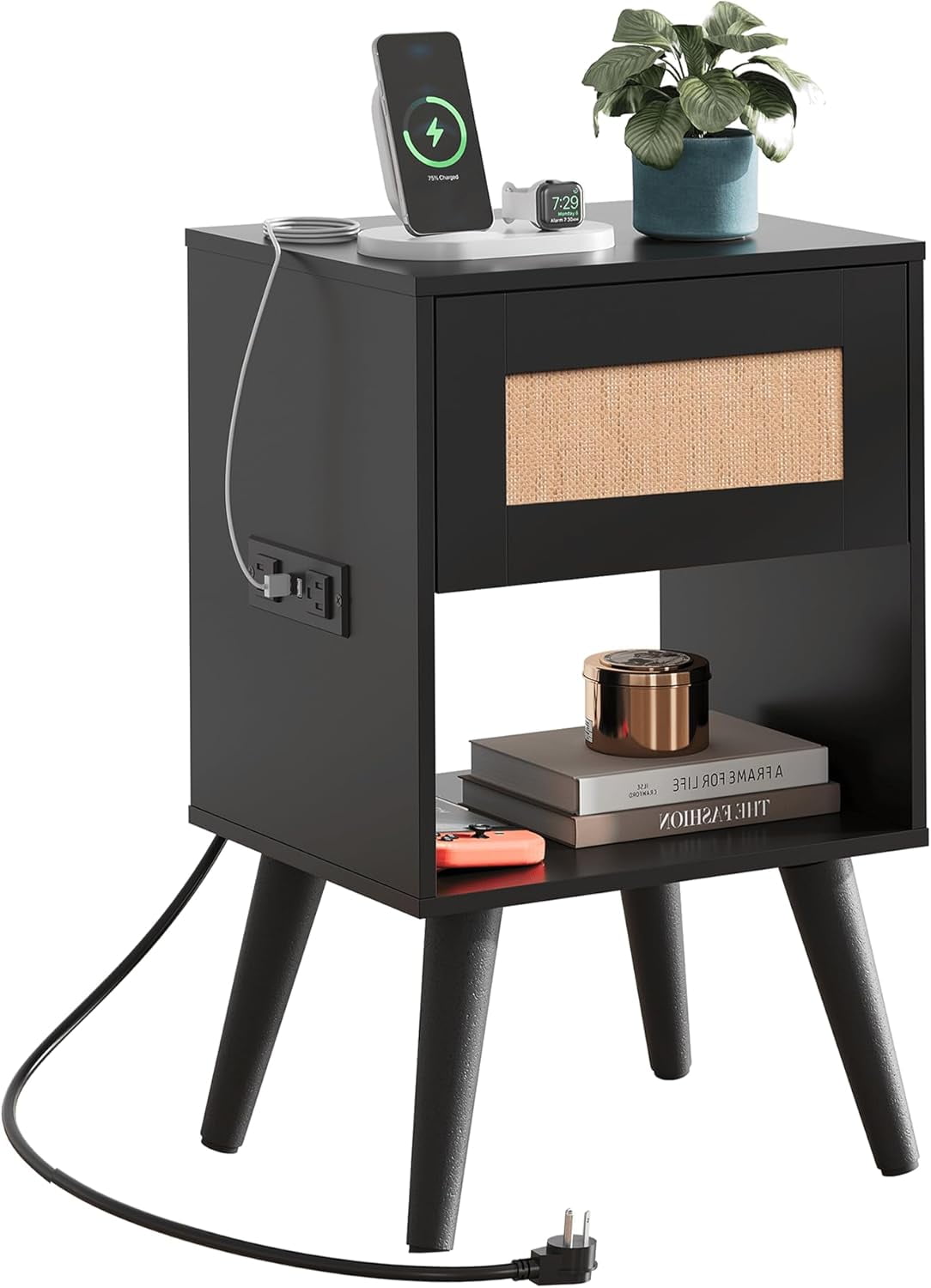 Nightstand with Charging Station, Boho Night Stand, Small Bedroom Side ...