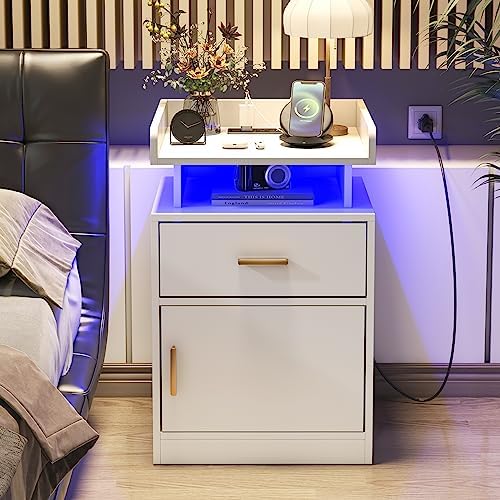 Nightstand with Charging Station & Cabinet Storage, Led Night Stand ...