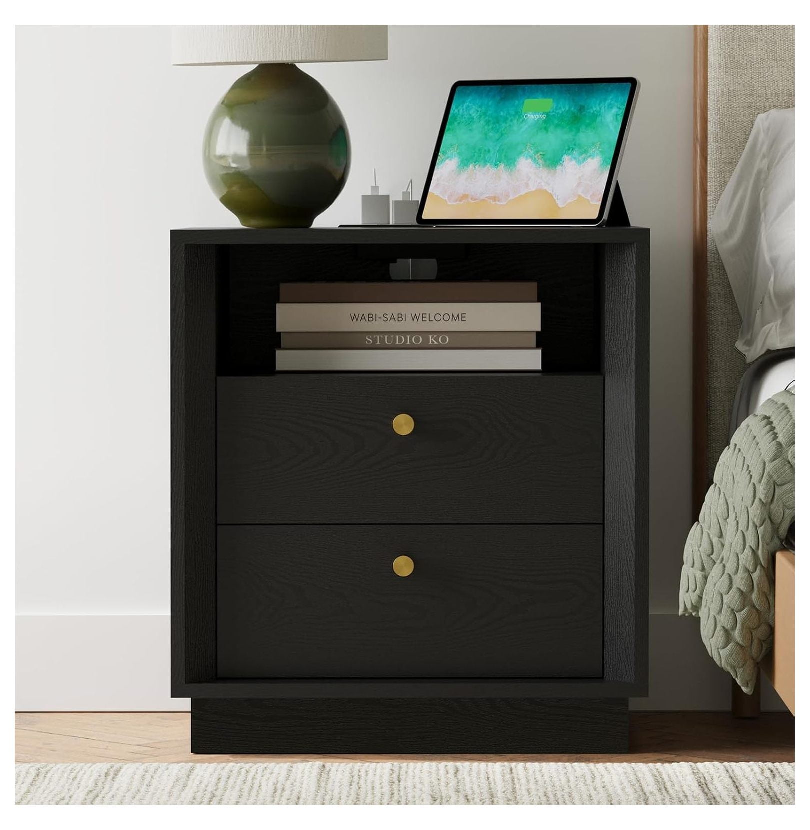 Nightstand with Charging Station, Century Modern Nightstand with Wood Grain Texture, Minimalist ...