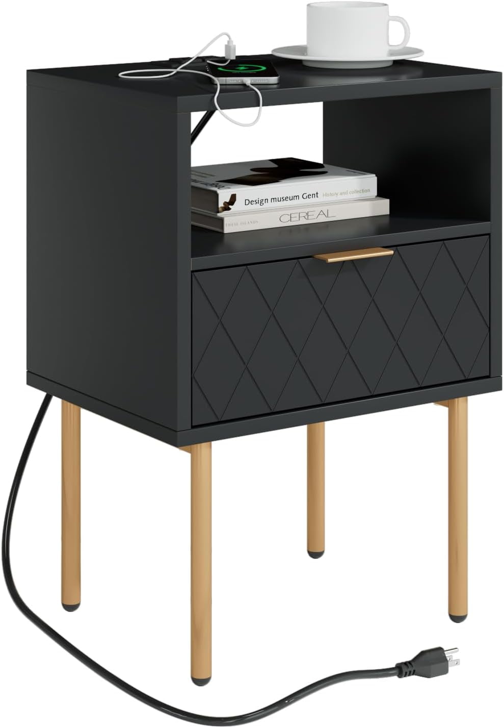 Nightstand with Charging Station, Drawer Dresser for Bedroom, Small ...