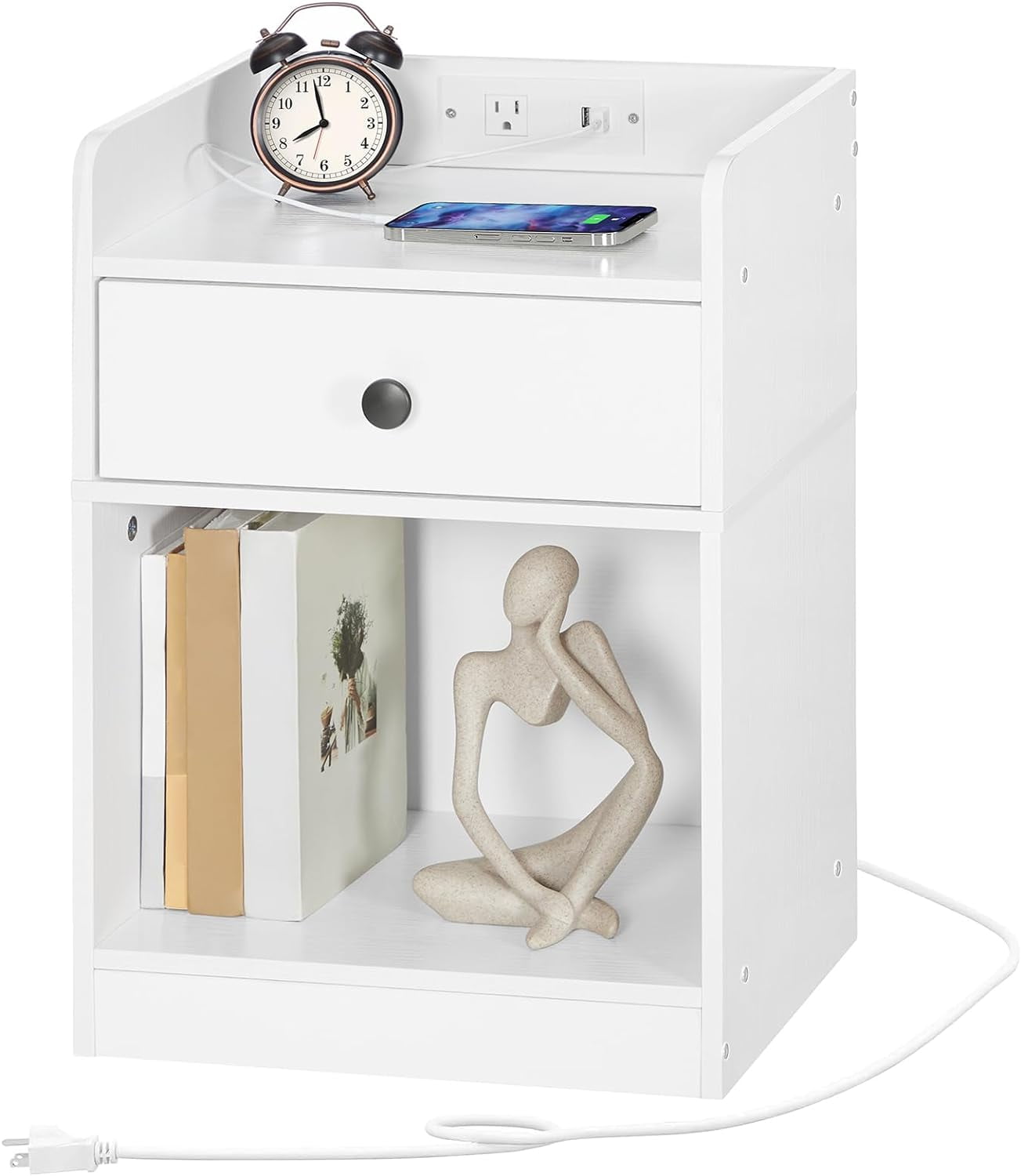 Nightstand with Charging Station, End Table with Drawer and Opening ...