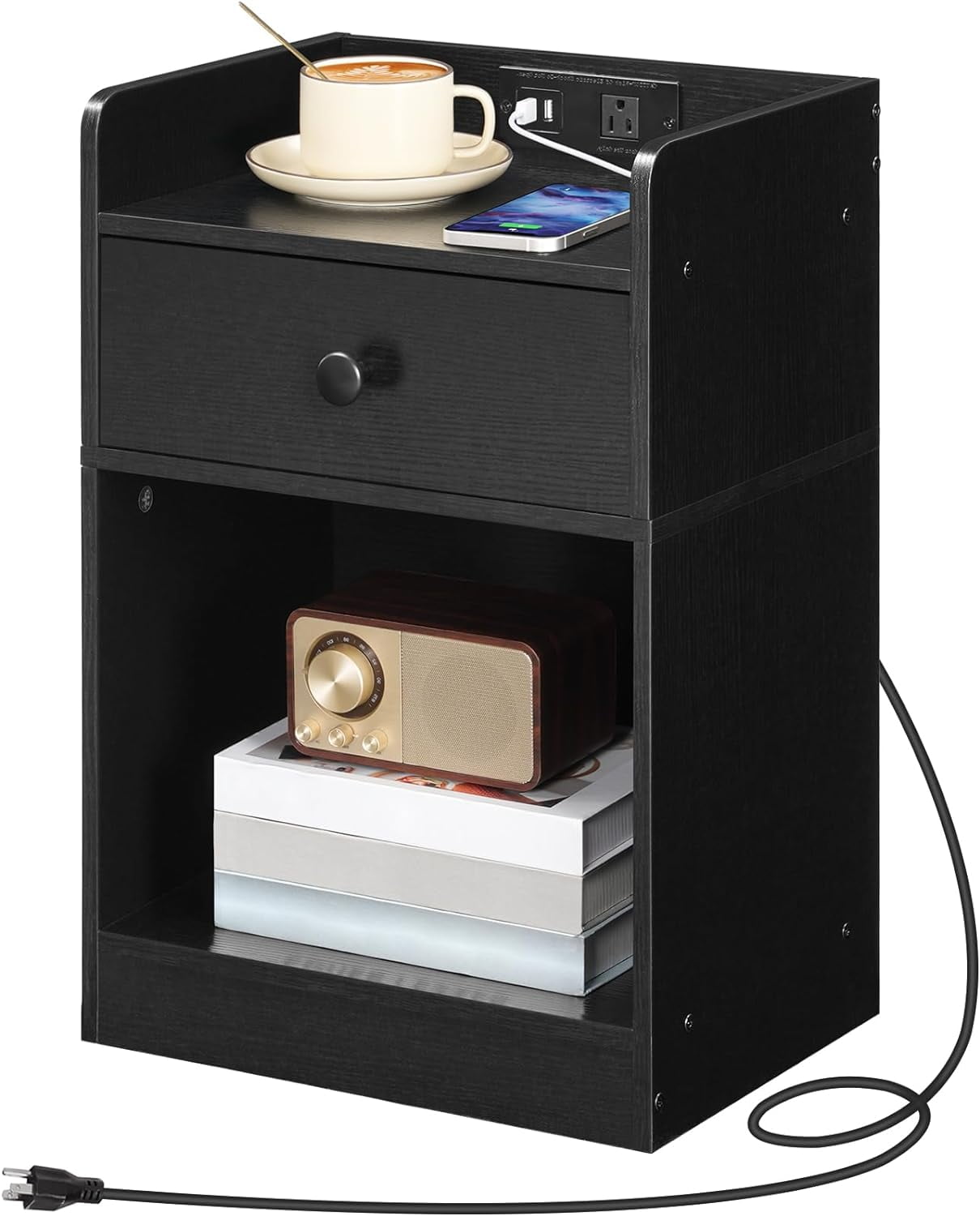 Nightstand with Charging Station, End Table with Drawer and Opening ...