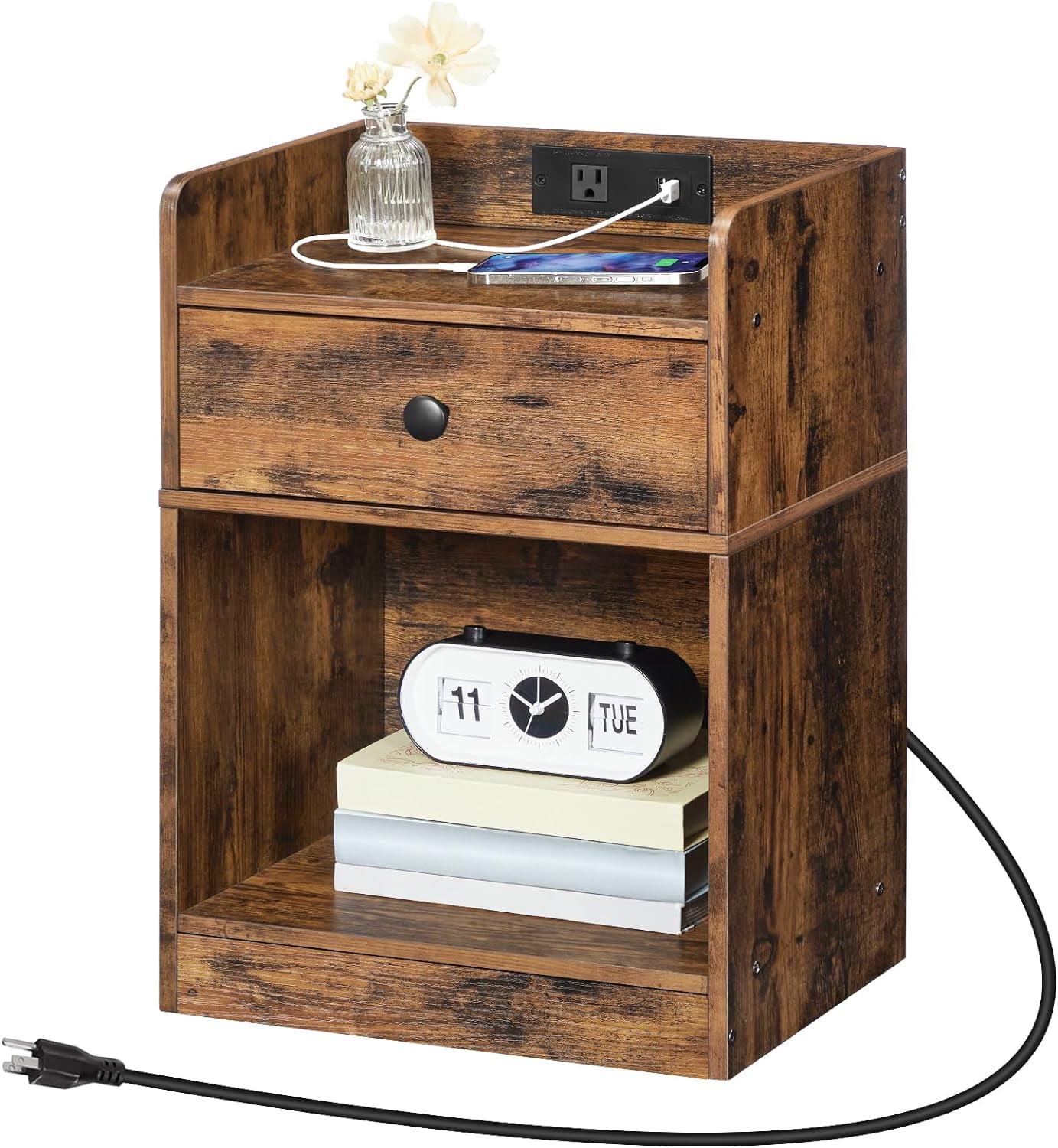 Nightstand with Charging Station, End Table with Drawer and Opening ...
