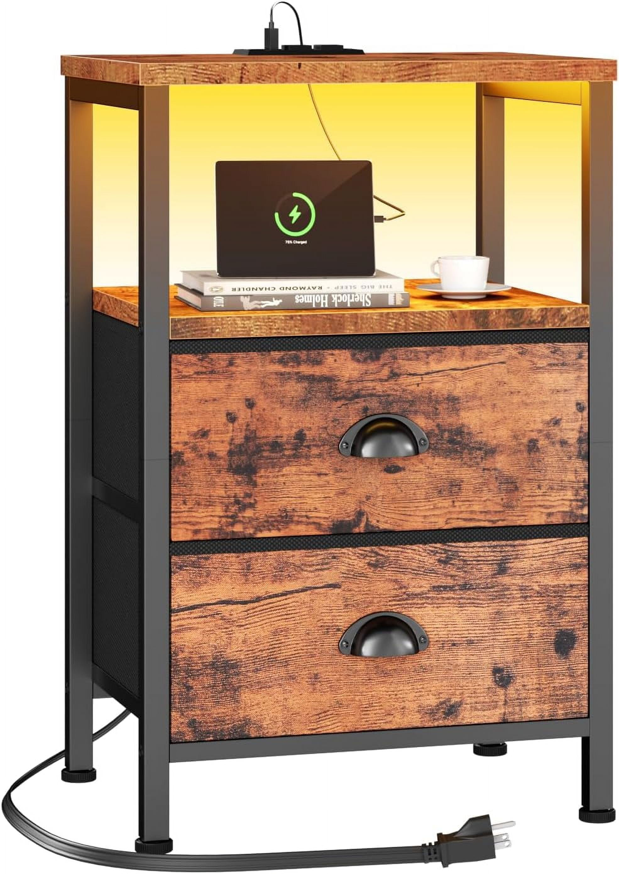 Nightstand with Charging Station, End Table with LED Lights, Bedside ...