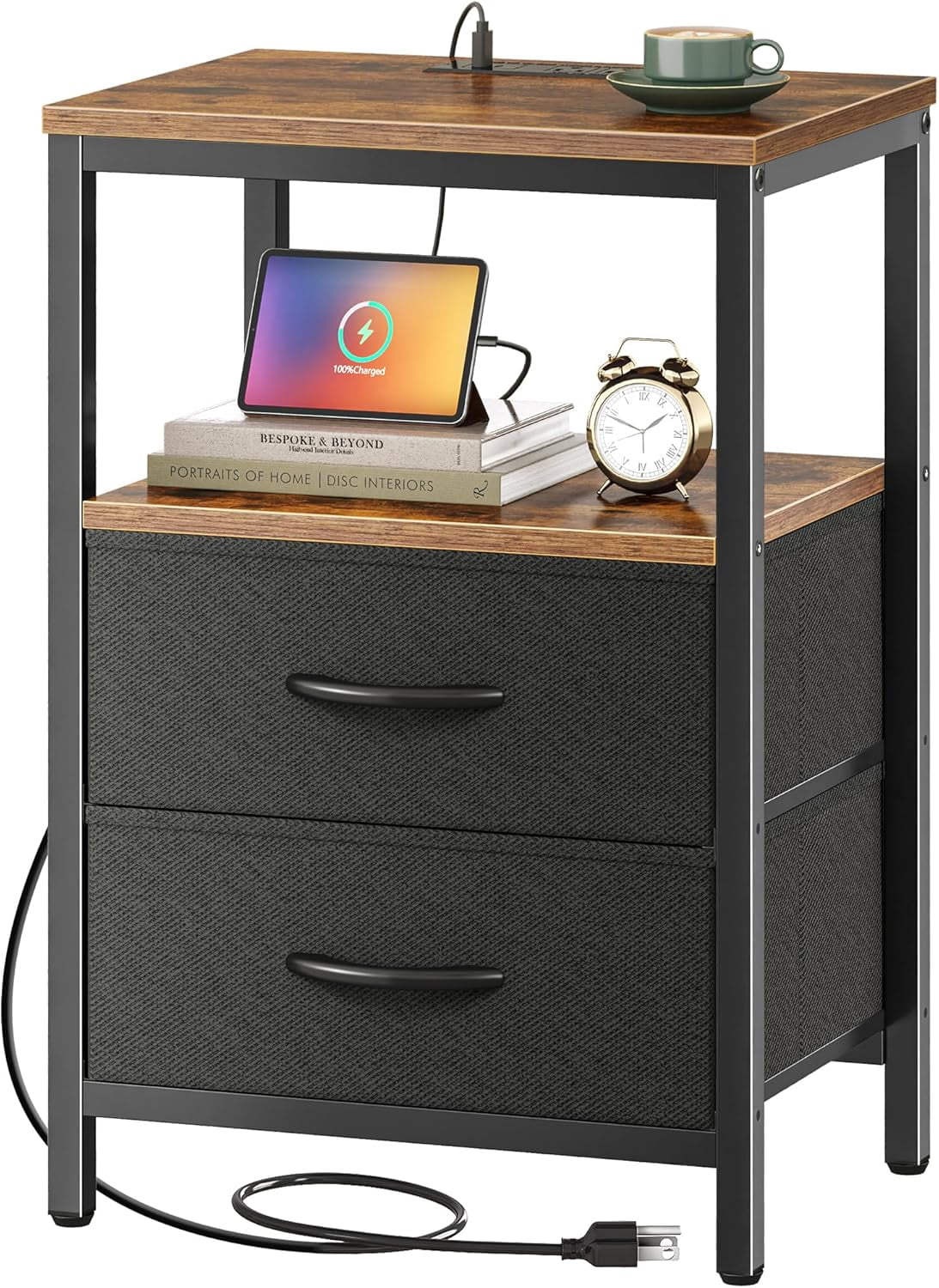 Nightstand with Charging Station, Fabric Drawers, End Table with Open ...